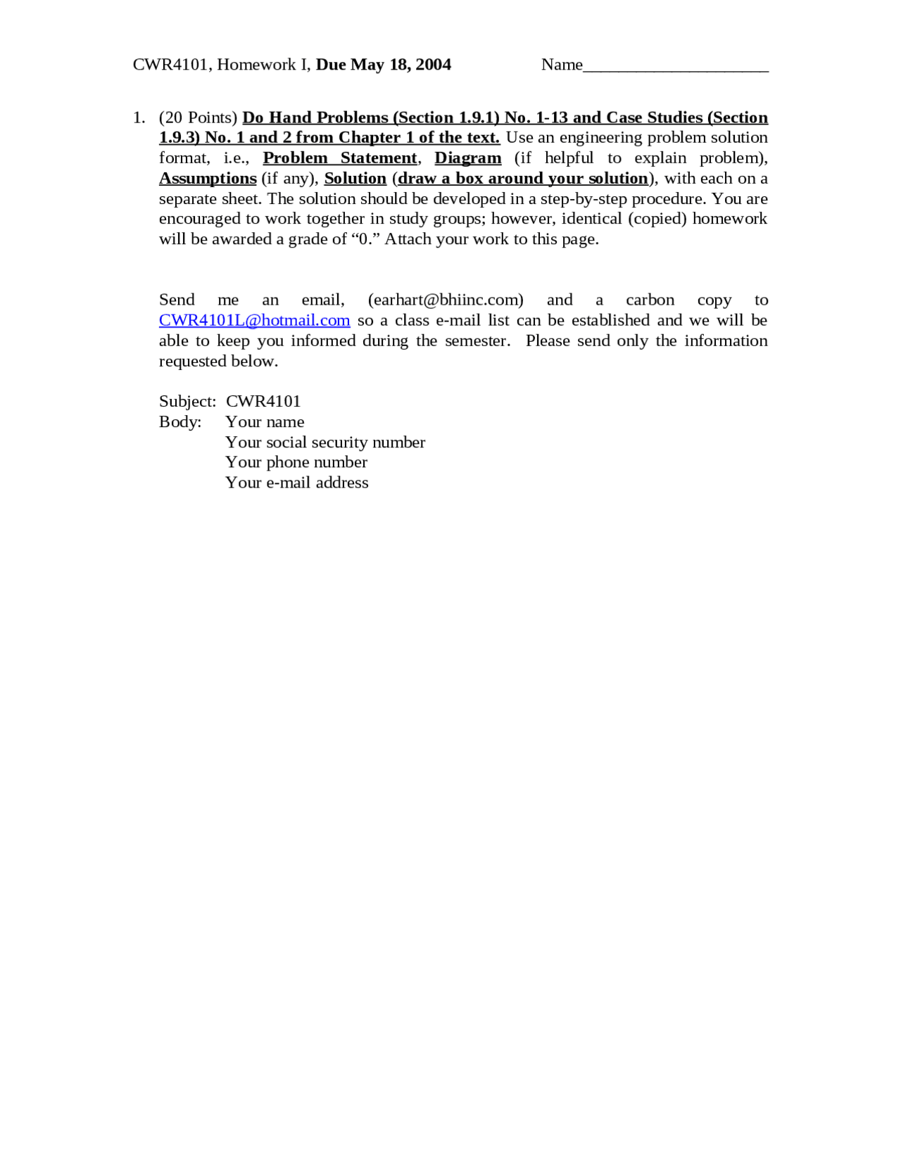 Problem On Hydrology Homework 1 Cwr 4101 Docsity