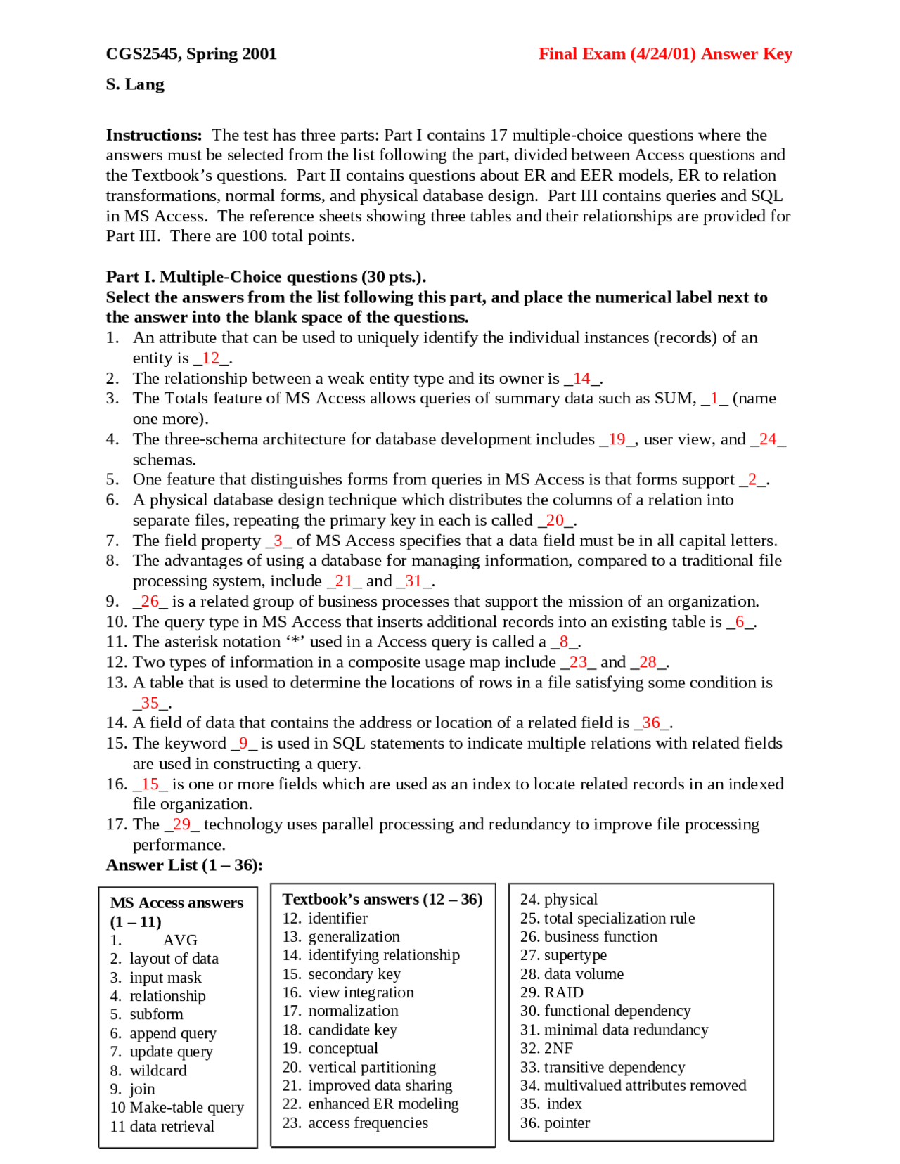 Final Exam Answer Key For Database Concepts Cgs 2545 Docsity