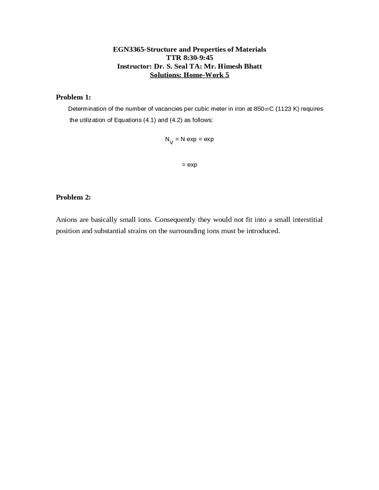 Structure And Properties Of Materials Solutions To Homework 5 Egn