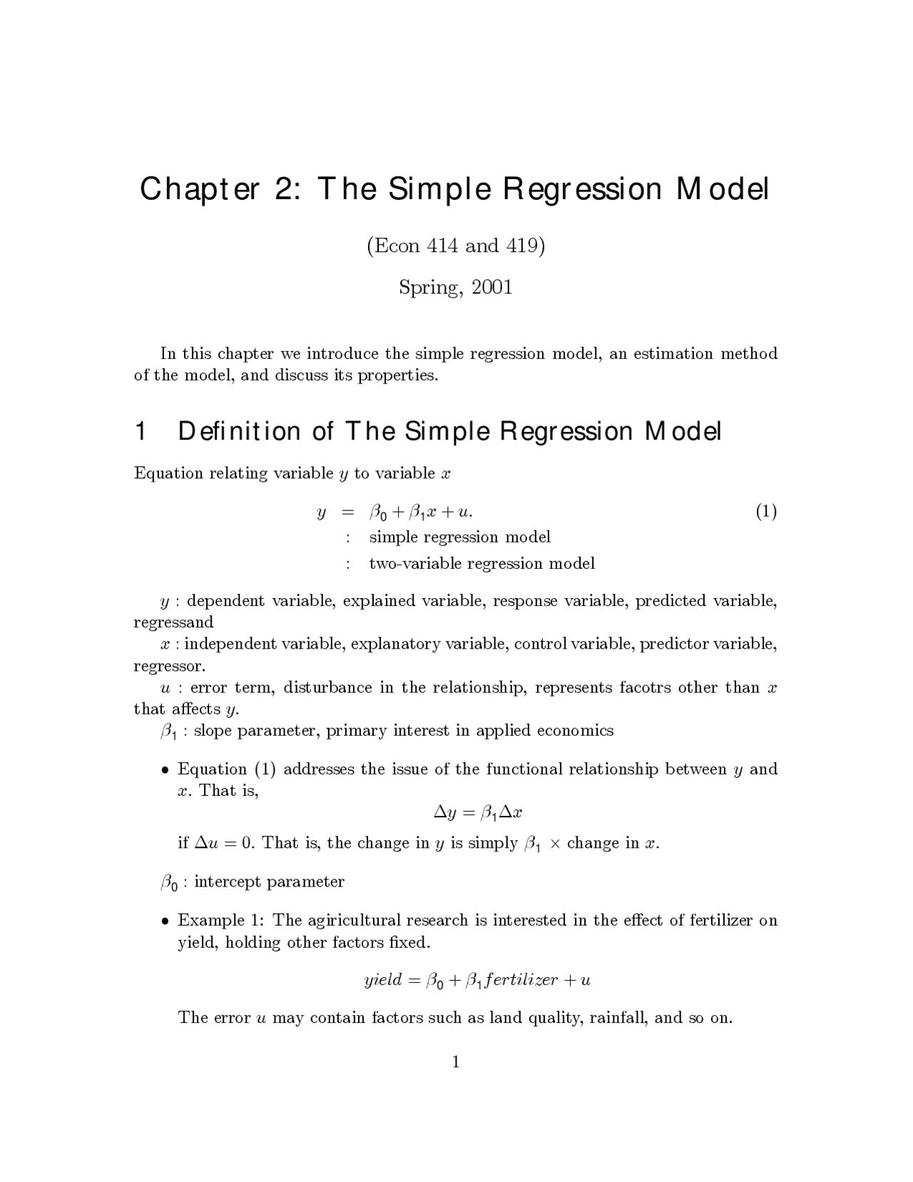 The Simple Regression Model Forecasting Econ 419 Docsity