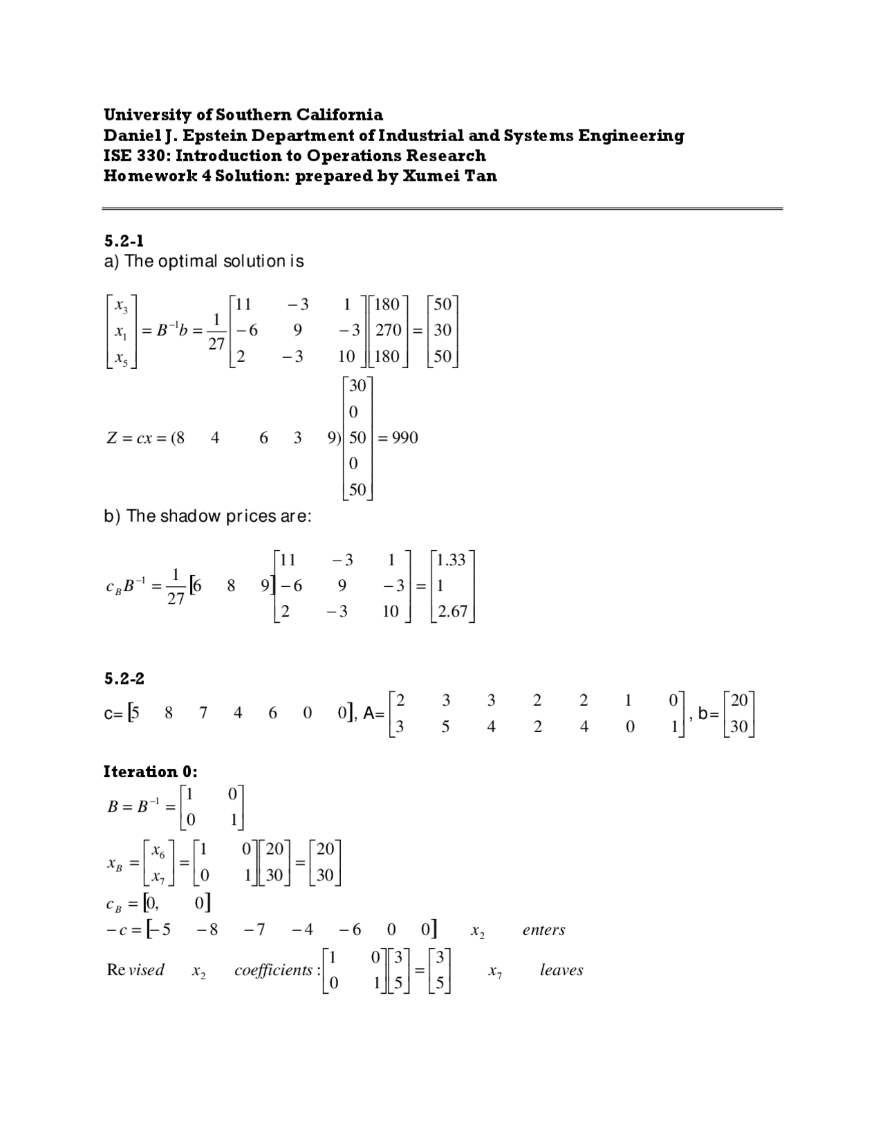Introduction To Operations Research In Assignment 4 Ise 330 Docsity