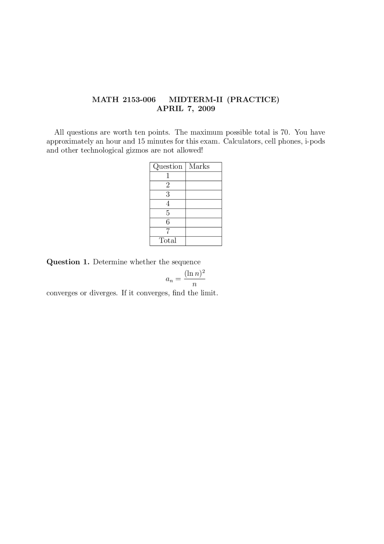 7 Questions On Determine The Sequence Midterm 2 Math 2153 Docsity