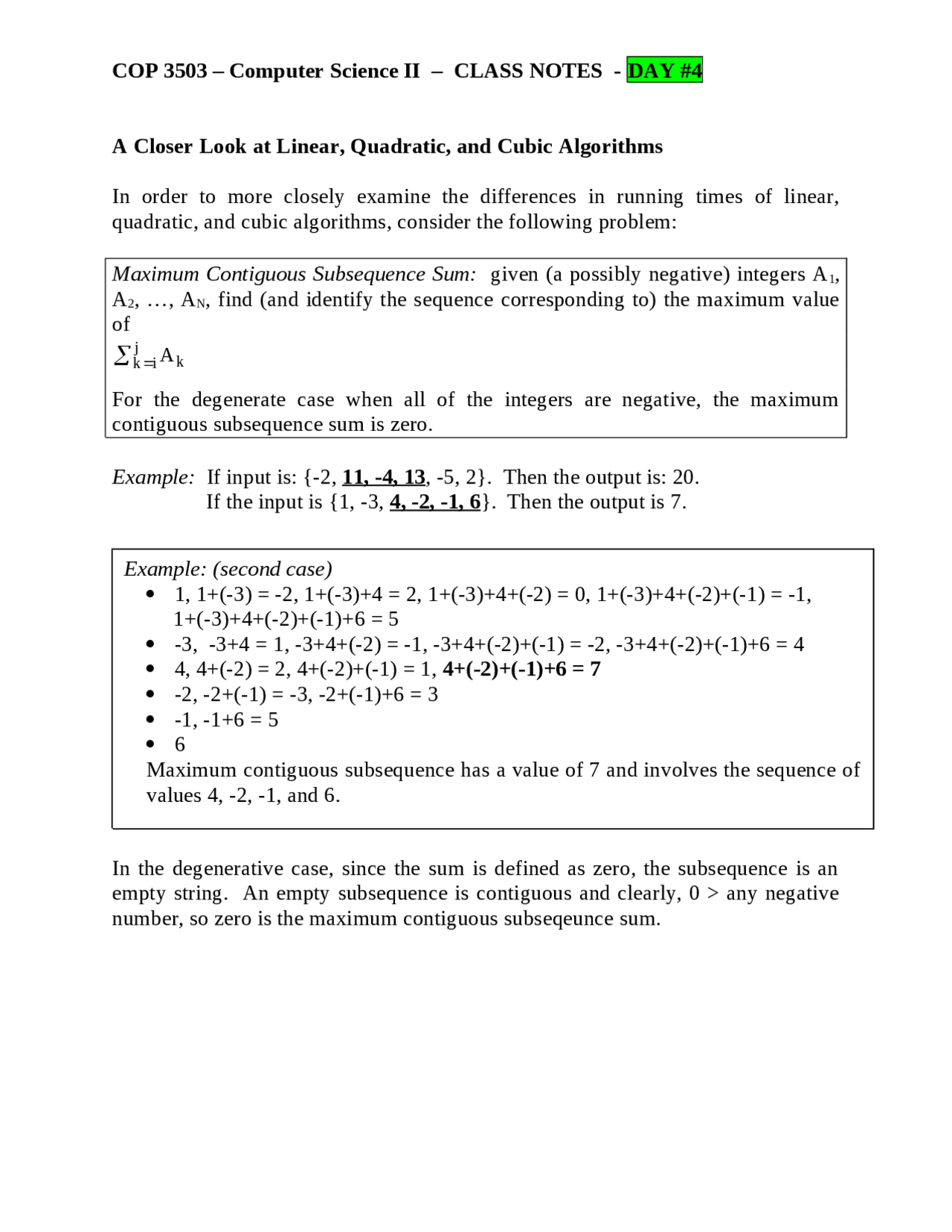 Linear, Quadratic and Cubic Algorithms - Class Notes | COP 3503 - Docsity