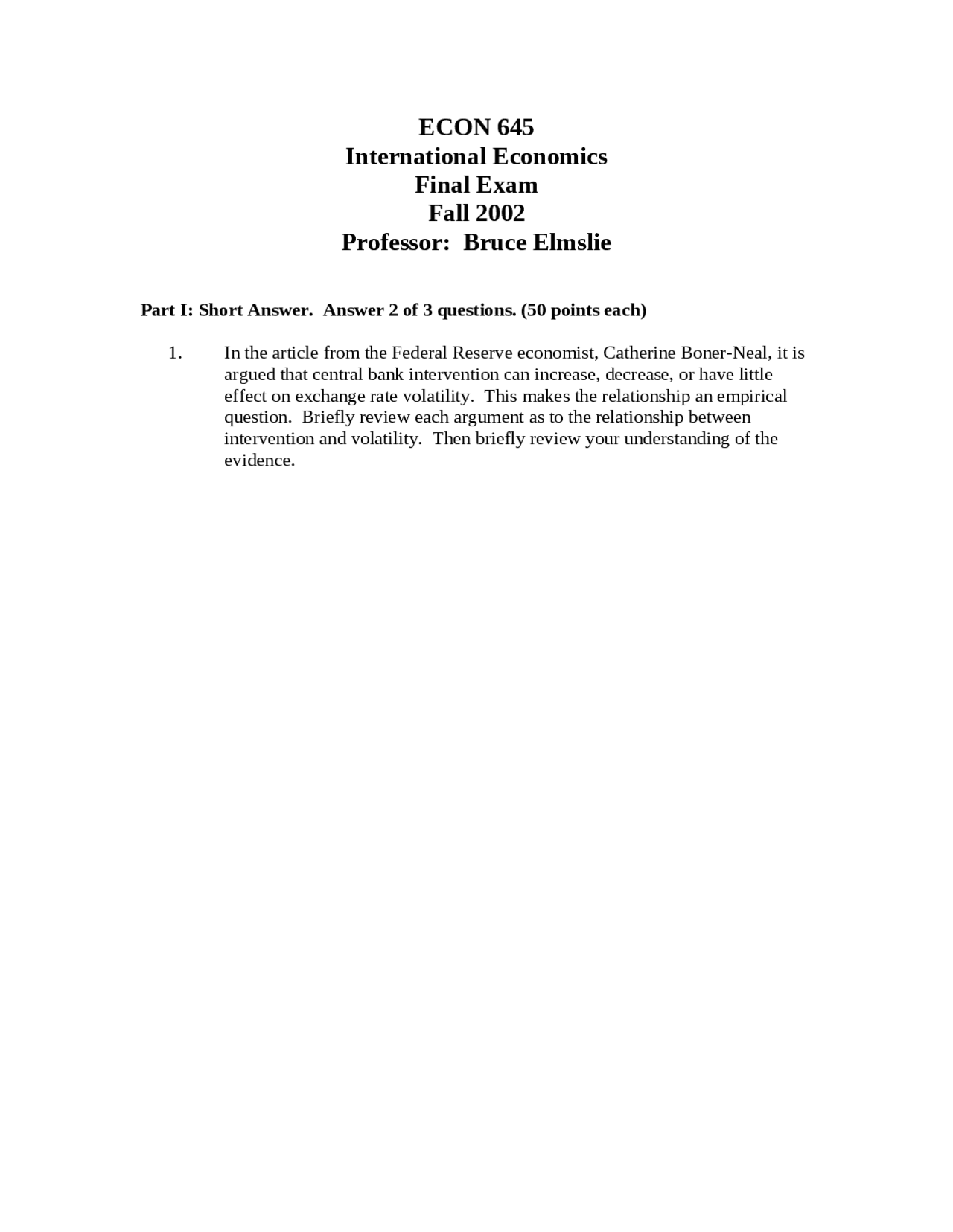 International Economics - Final Exam 2002 | ECON 645 - Docsity