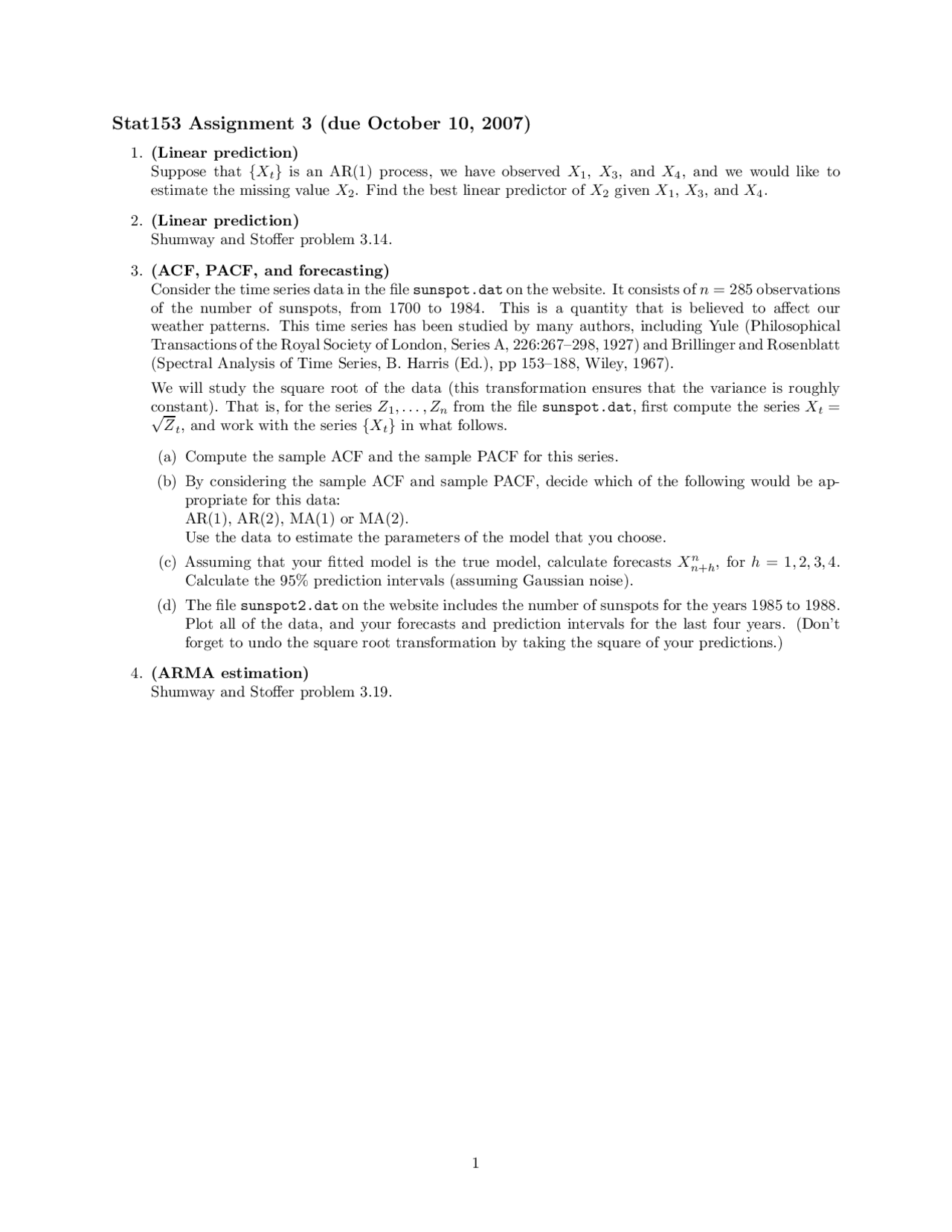 Assignment 3 On Introduction To Time Series Stat 153 Docsity