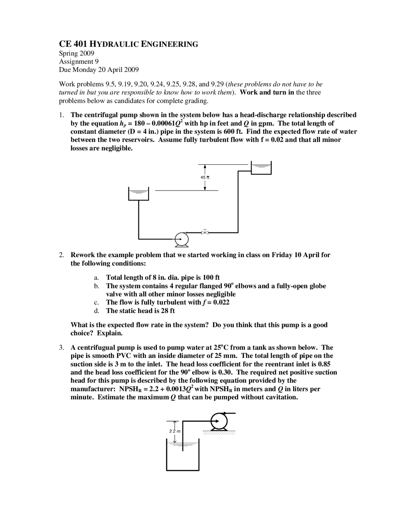 Assignment 9 Problems Hydraulic Engineering Cive 401 Docsity