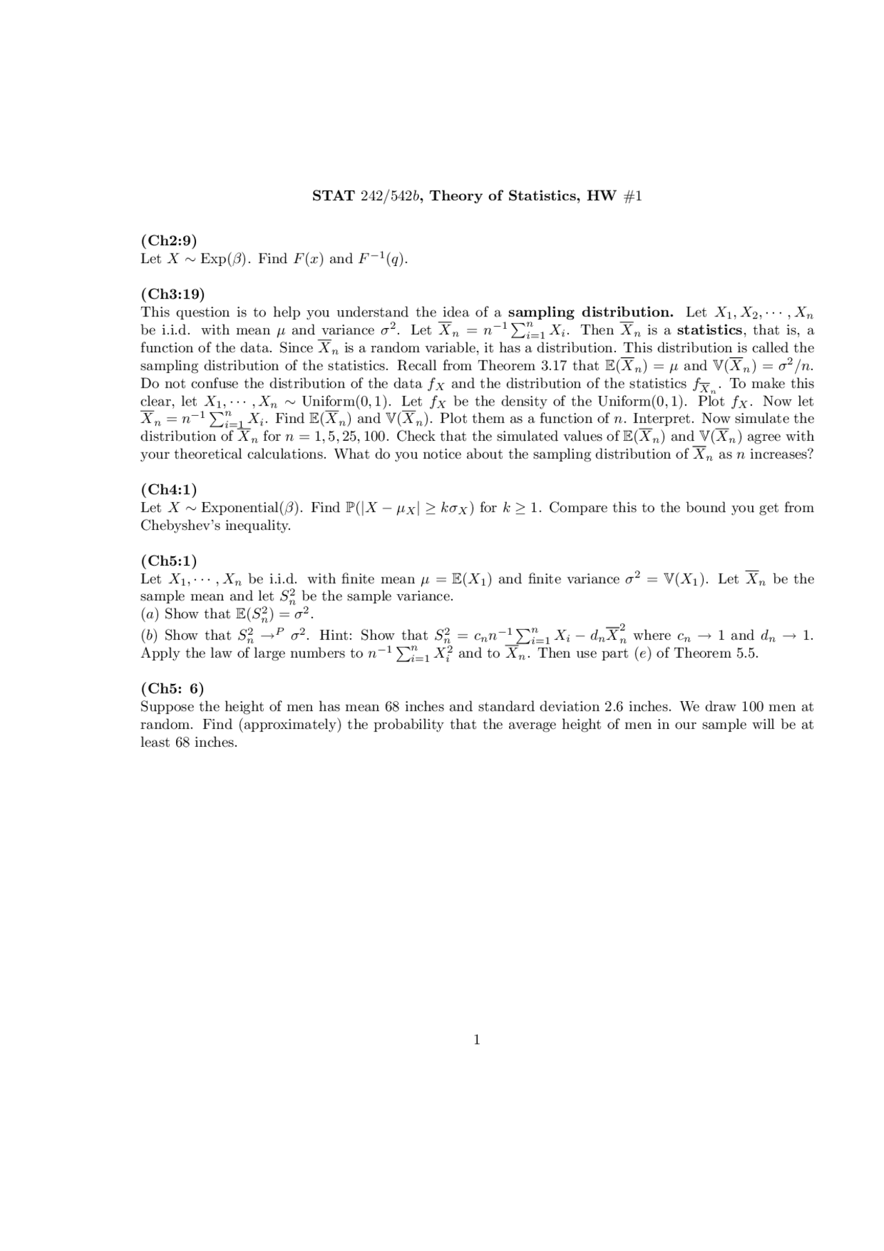 Questions For Assignment 1 Theory Of Statistics Stat 242 Assignments Statistics Docsity