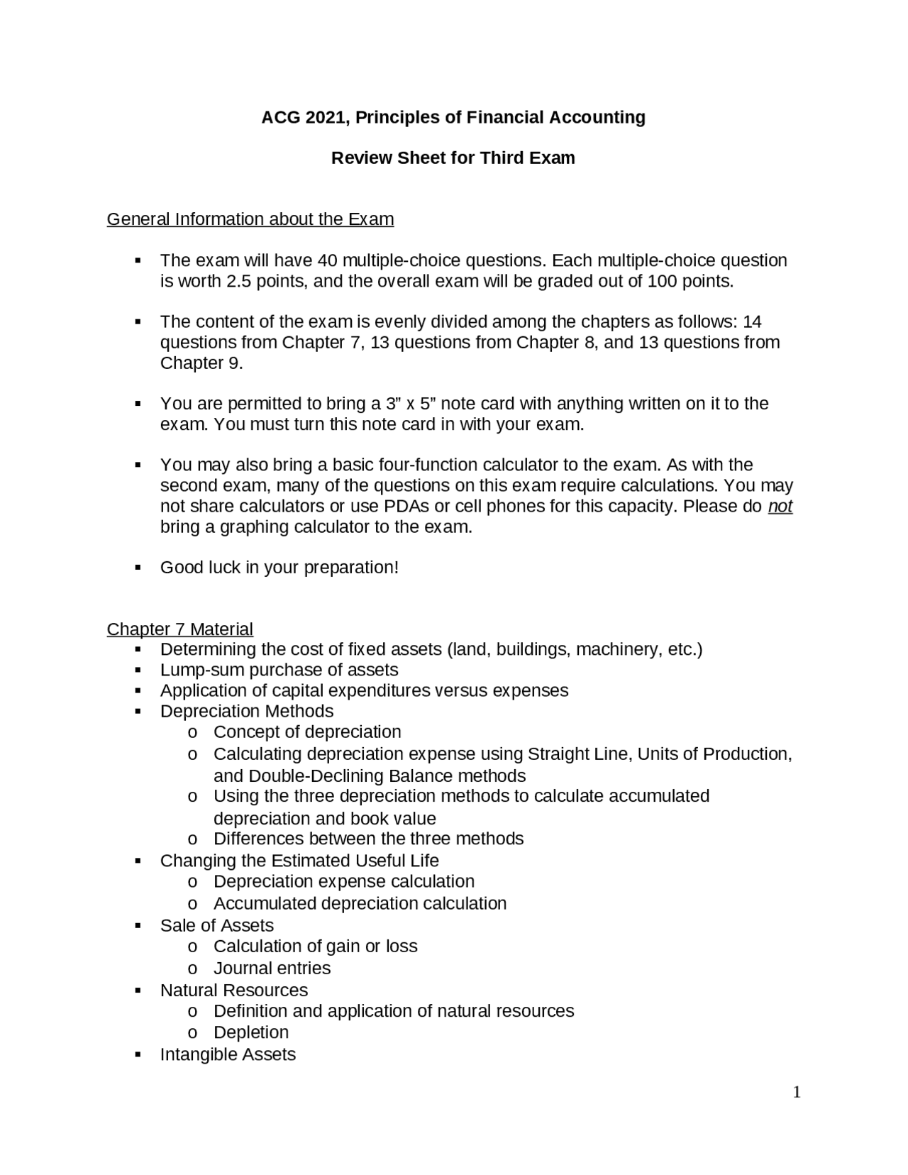 Review Sheet For Final Exam Principles Of Financial Accounting Acg