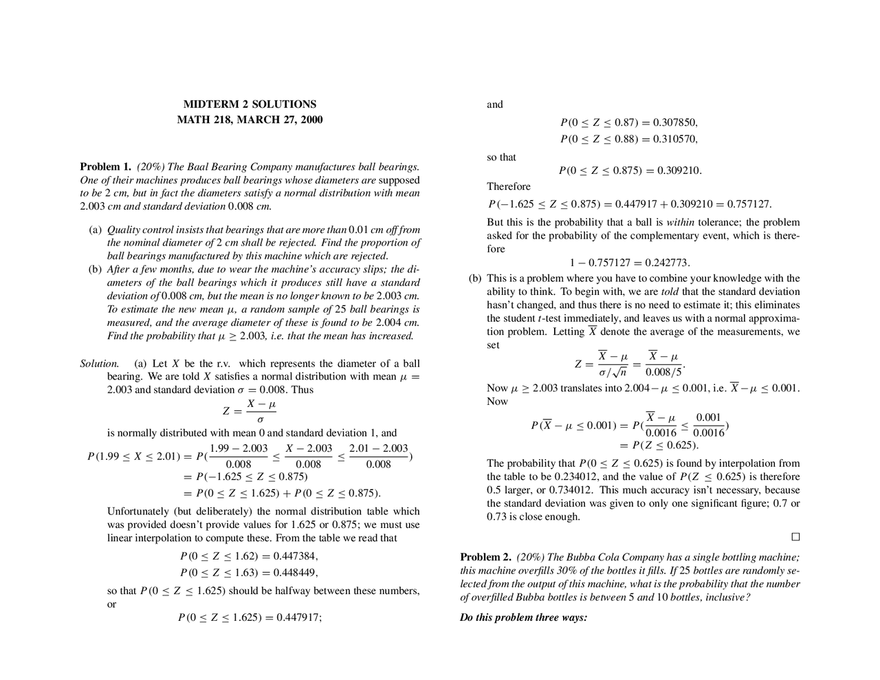 Statistical Analysis of Ball Bearings Manufacturing Process | Exams Mathematics | Docsity