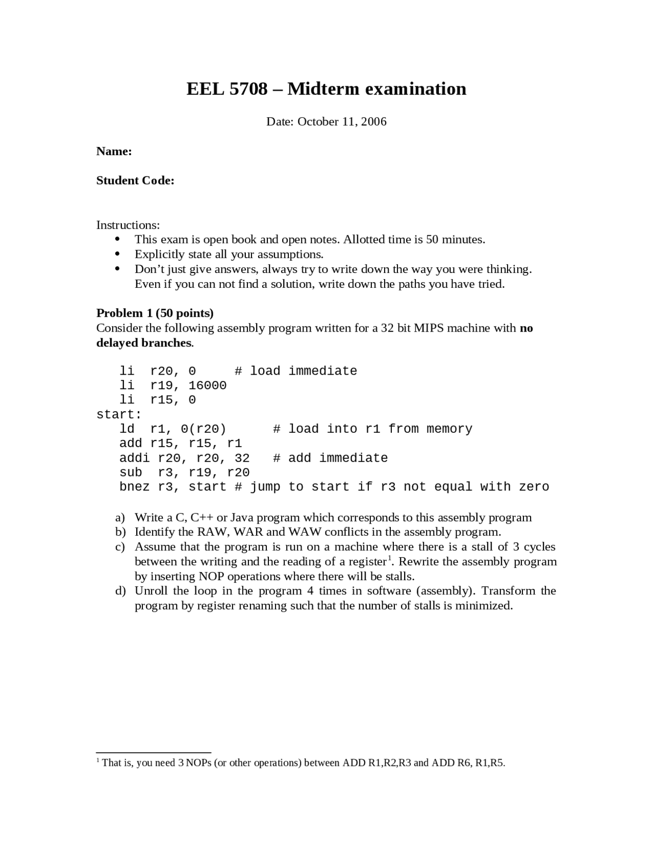 Midterm Examination High Performance Computer Architecture Eel 5708