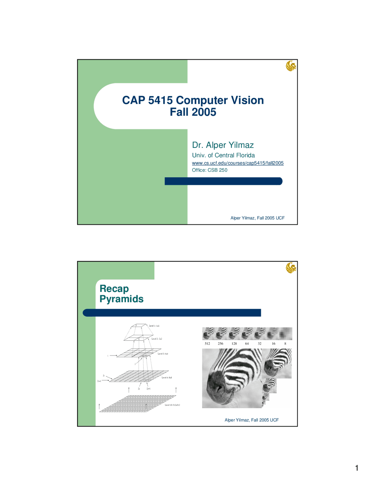 Lecture Slides On Recap Pyramids Computer Vision Cap 5415 Docsity