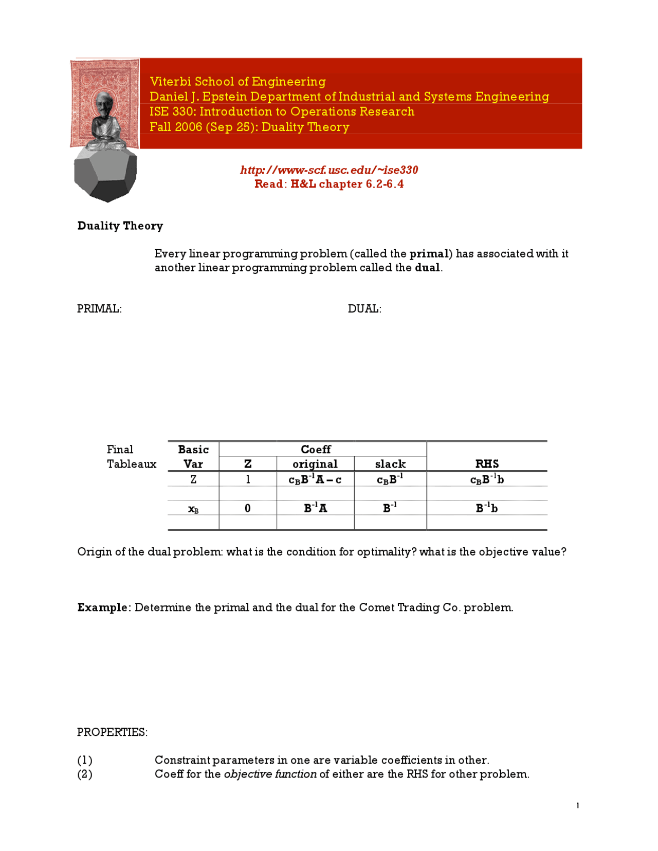 Duality Theory Lecture Notes Introduction To Operations Research