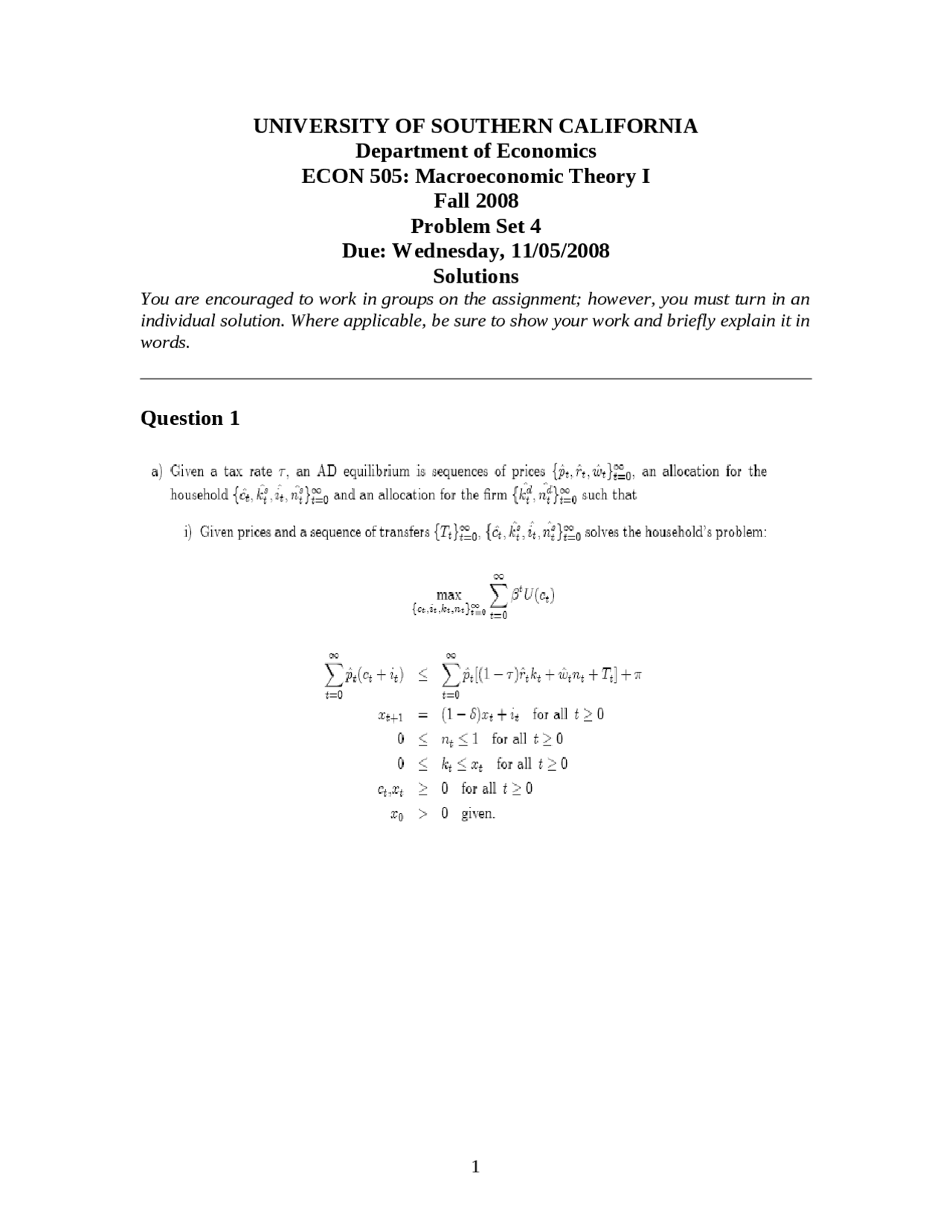 Assignment 4 Solutions Macroeconomic Theory I Econ 505 Docsity