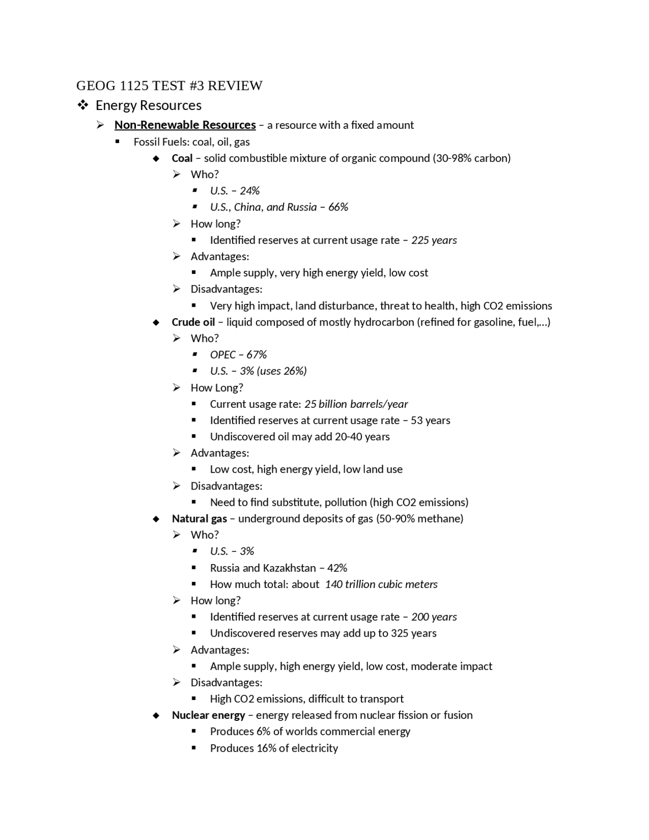 Non Renewable Energy Resources Test 3 Geog 1125 Docsity