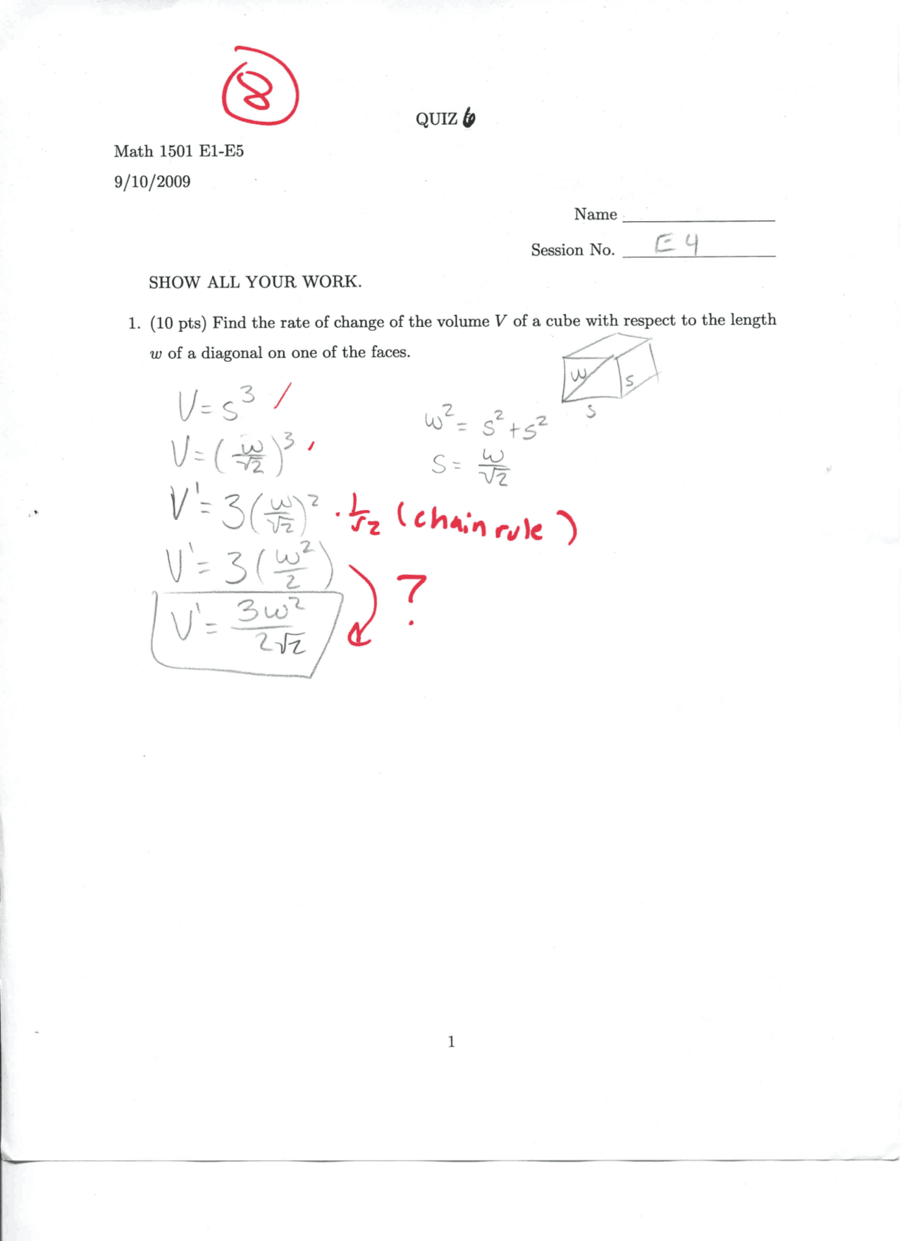 Quiz 6 With Resolution Calculus I Fall 2009 Math 1501 Docsity