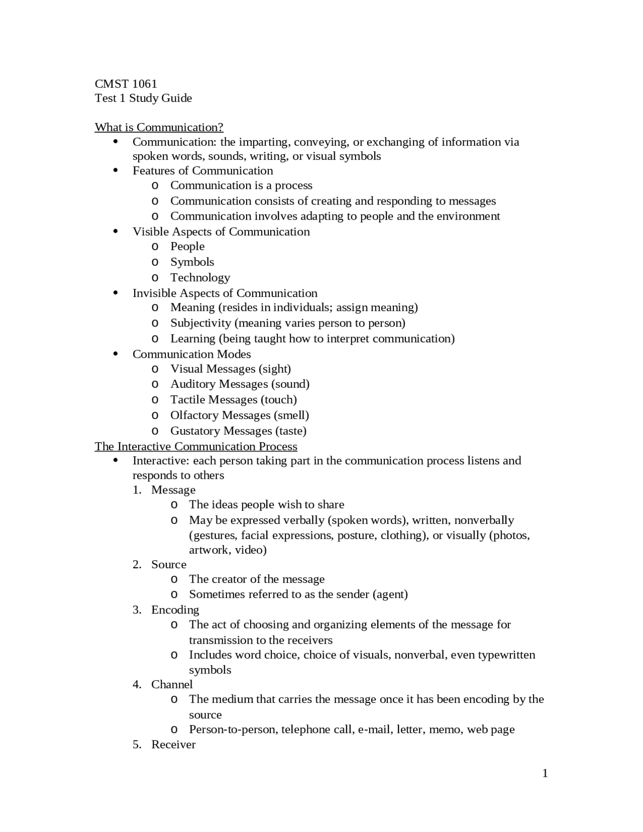 Test 1 Study Guide - Fundamentals of Communication | CMST 1061 - Docsity