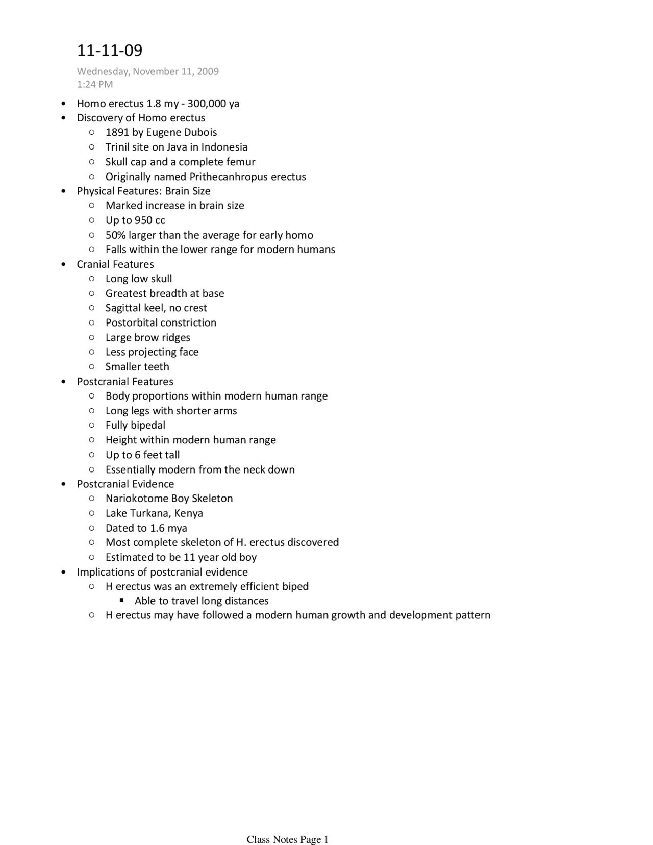 Notes on Homo Erectus | Human Origins | ANTH 101 - Docsity