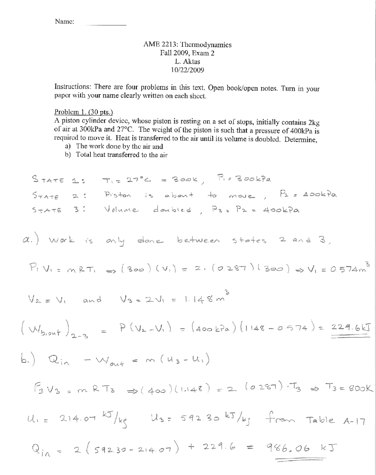 Sample Examination 2 With Answers Thermodynamics Ame 2213 Docsity