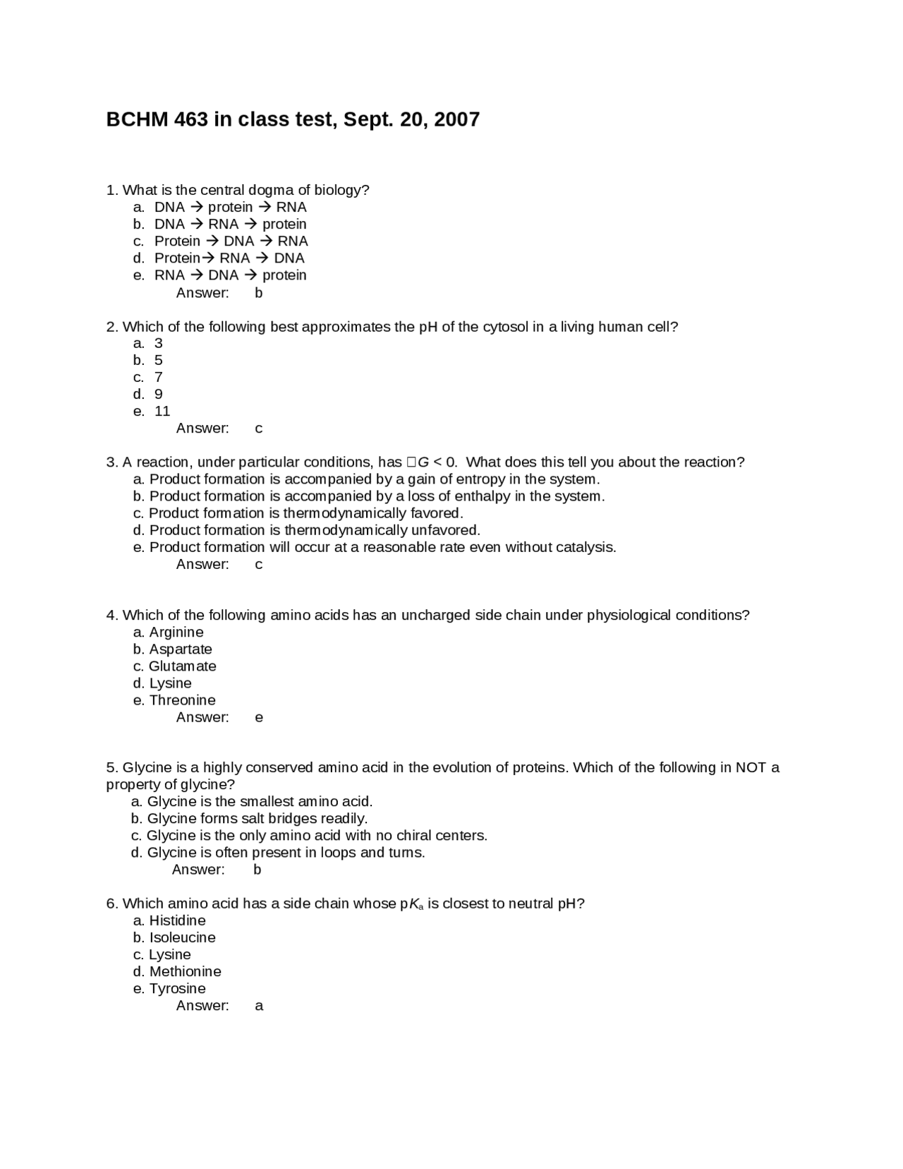 Sample Questions With Solutions For Exam 1 Biochemistry Of Physiology