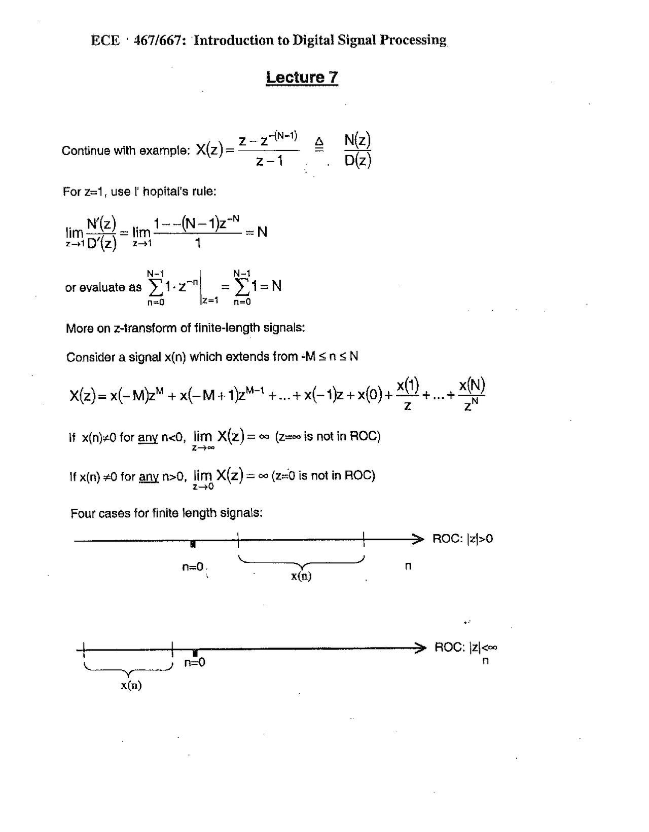 Z Transform Of Finite Length Signals Introduction To Digital Signal Processing E C E 467