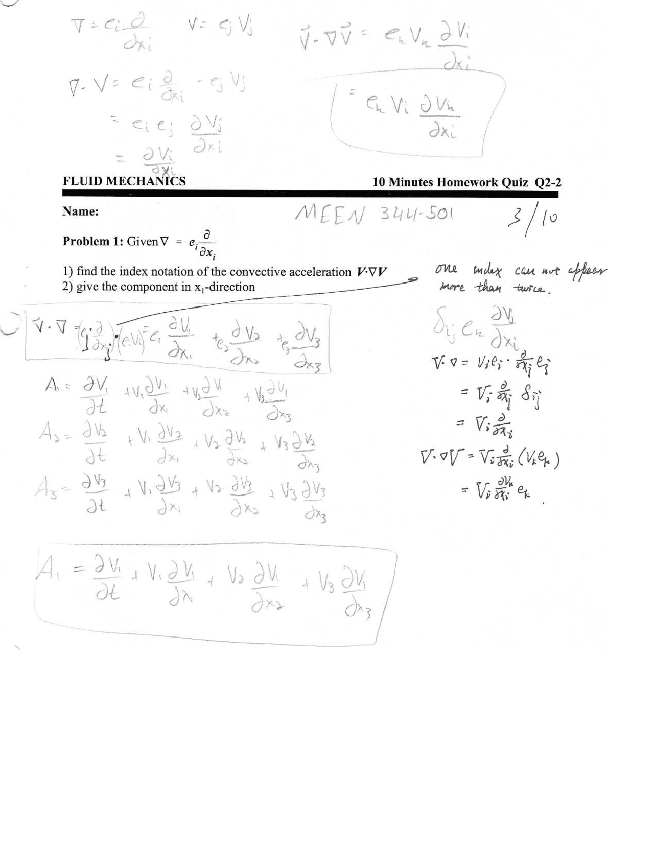 Quiz 1 with Solution - Fluid Mechanics | MEEN 344 - Docsity