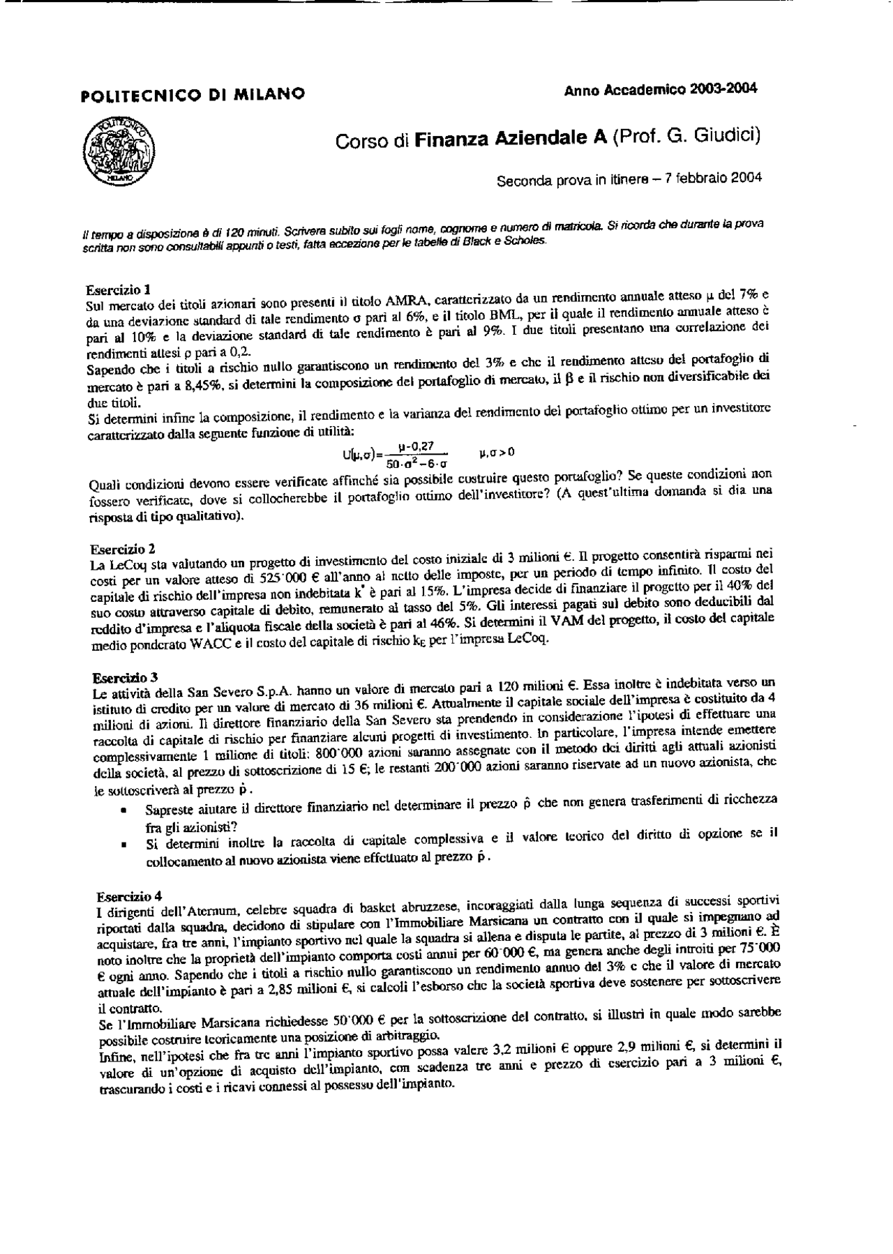 Finanza Aziendale Esame 7 2 04 Con Soluzione Docsity