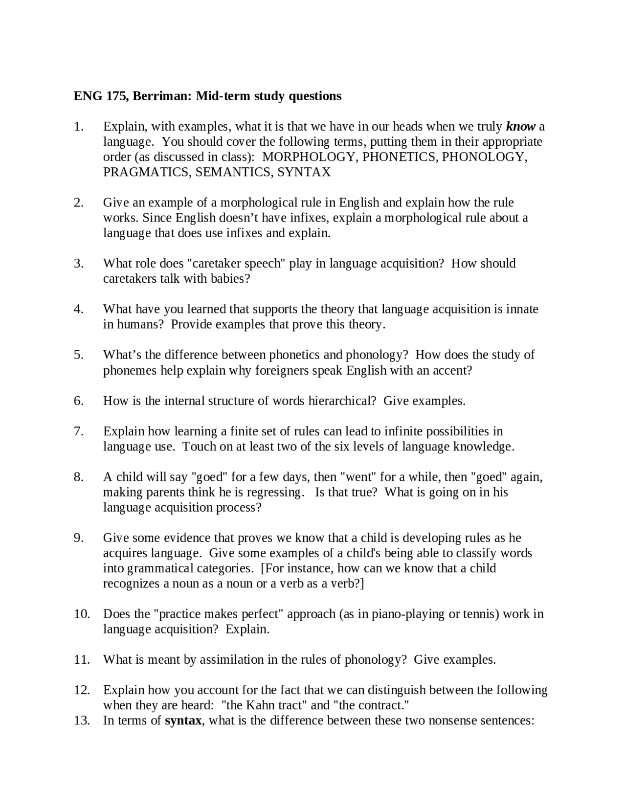 ENG 175: Mid-term Study Questions - Language Acquisition and Structure ...