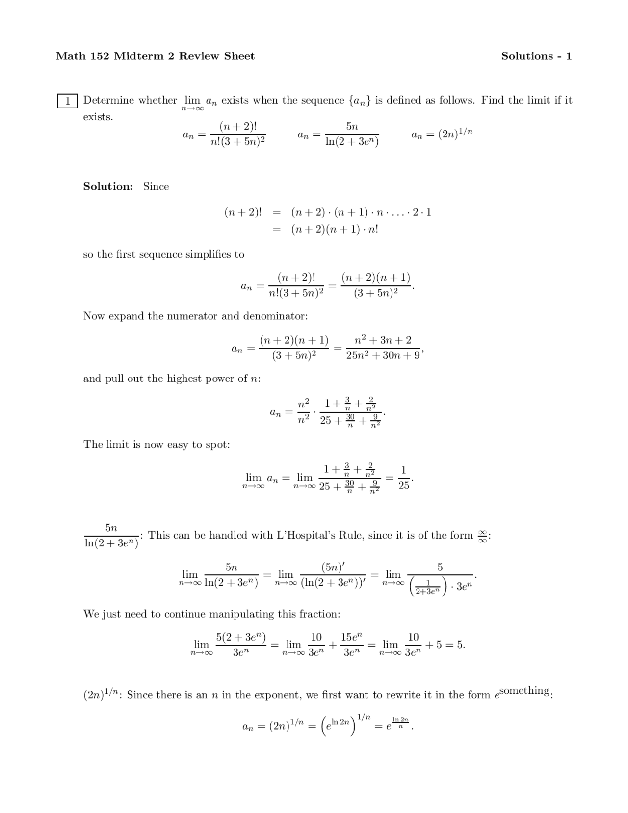 Mid Term Exam for Calculus II Mathematics | 640 152 - Docsity