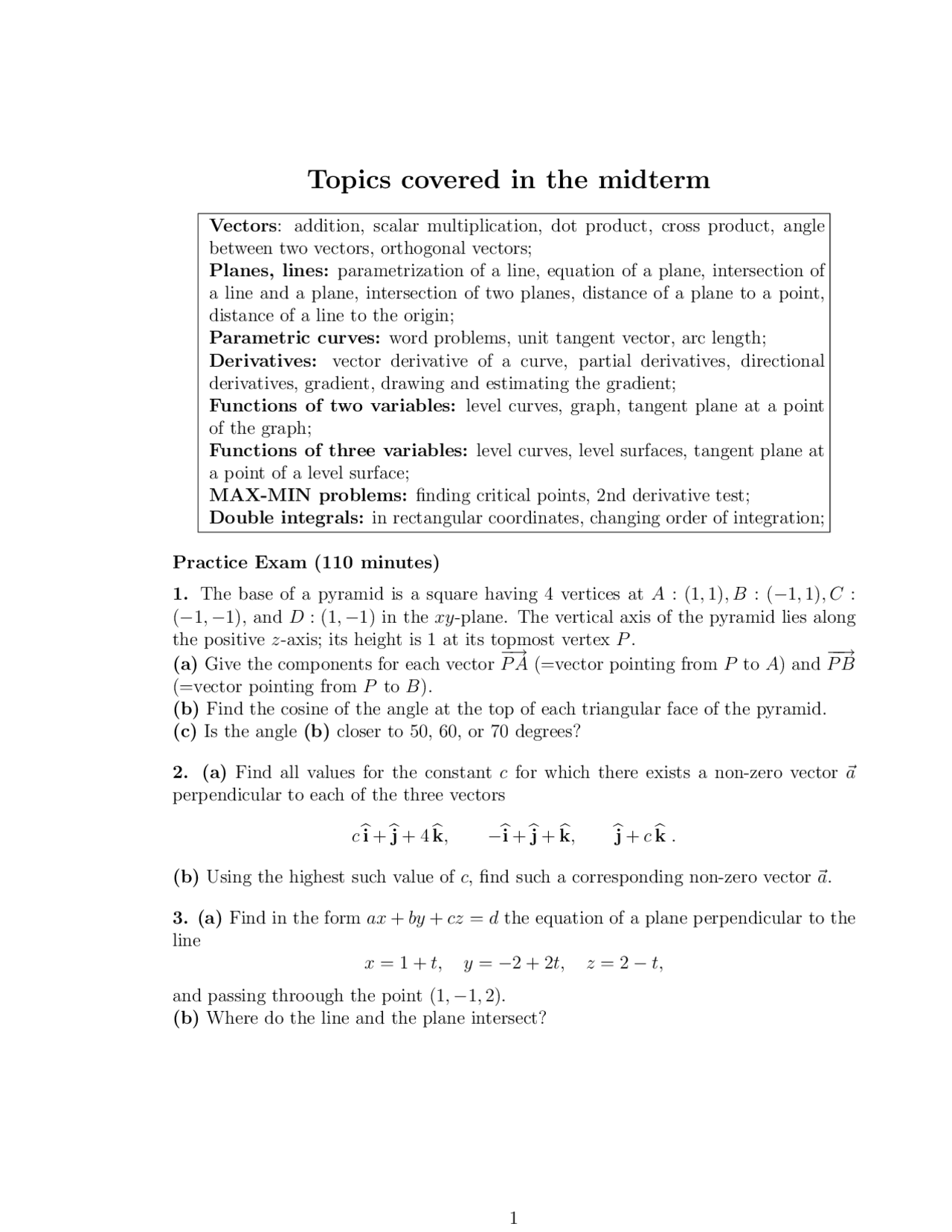 9 Problems On Vectors And Parametric Curves Midterm Exam Math 5b