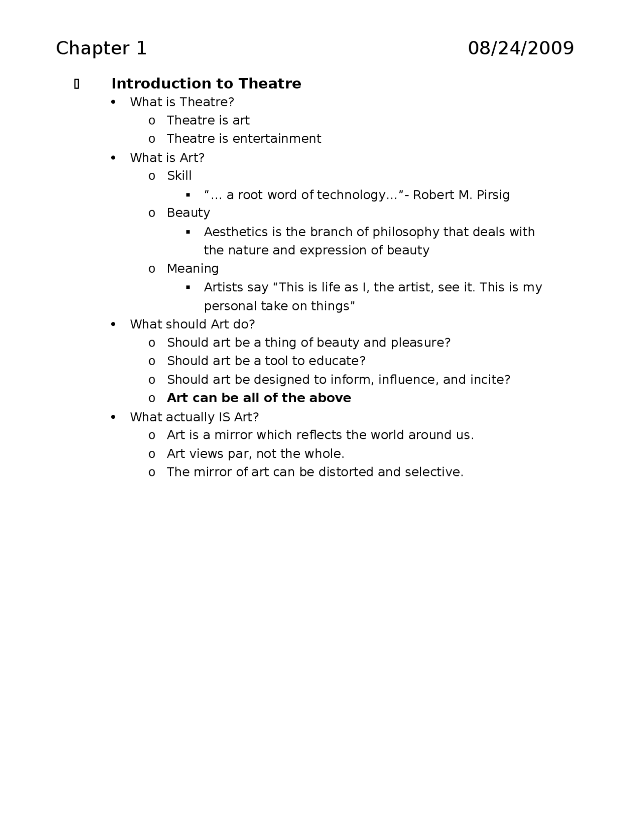 Intro to Theatre: Summary by Chapters | THTR 1020 - Docsity