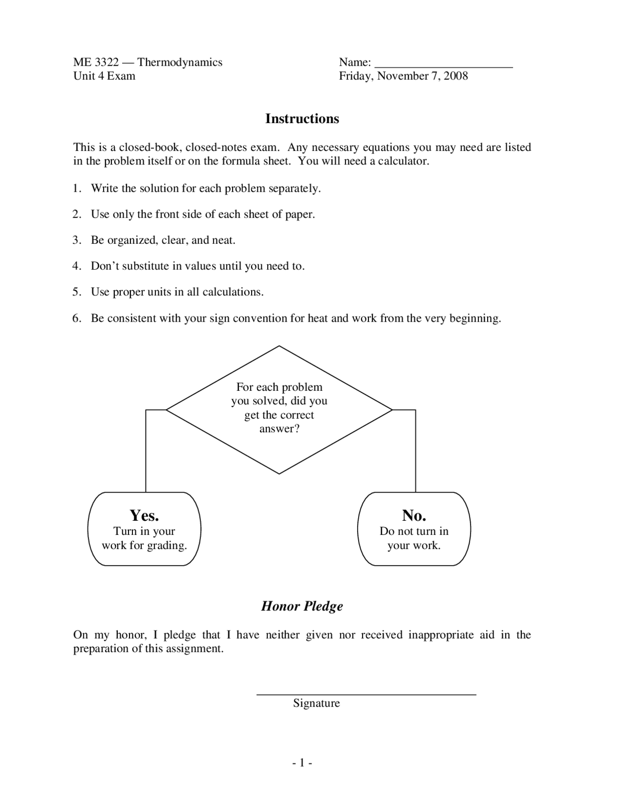 Solved Problems on the Thermodynamics - Examination 4 | ME 3322 - Docsity