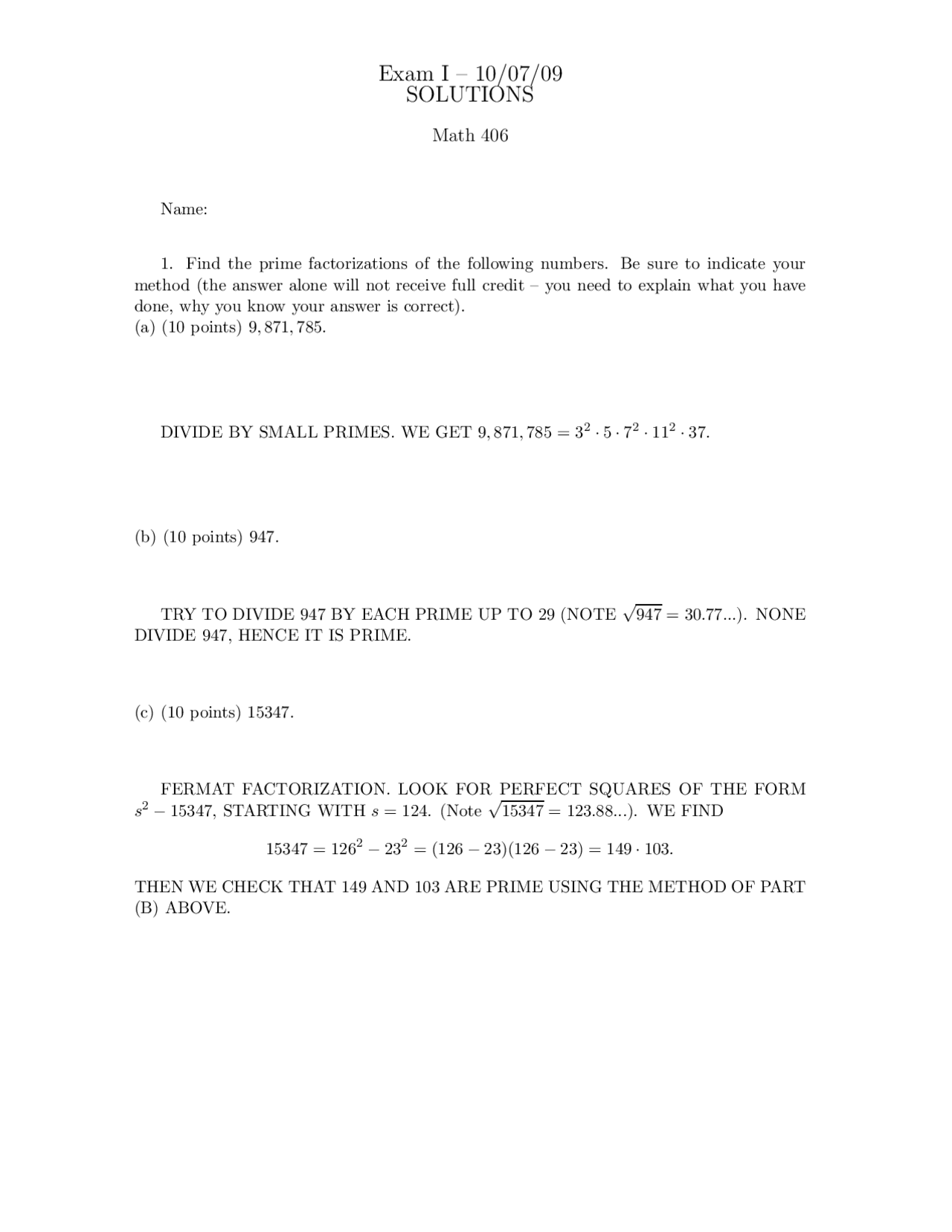 Exam 1 Solutions Introduction To Number Theory Math 406 Docsity