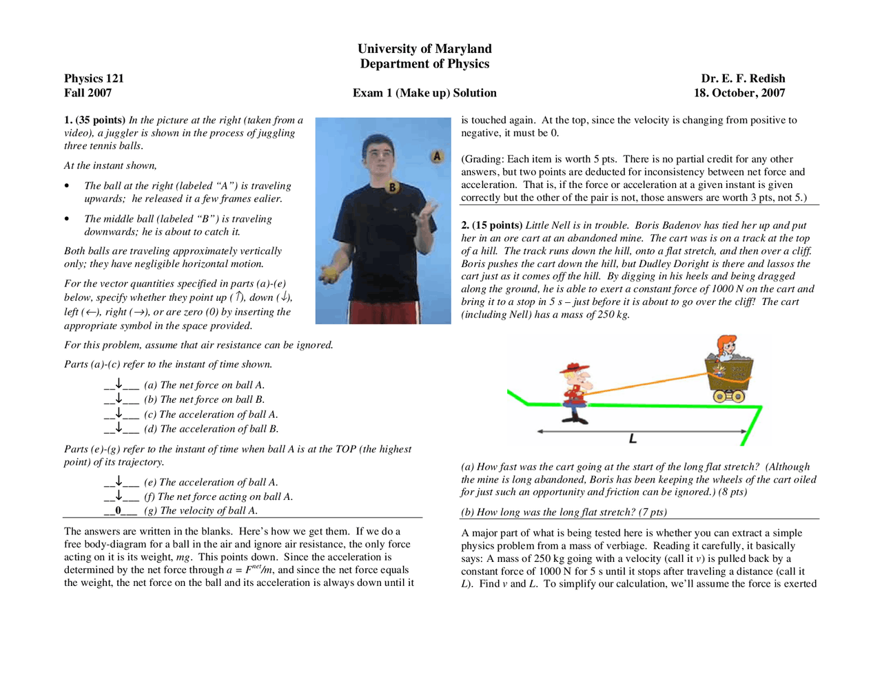Exam 1 for Fundamentals of Physics I - Fall 2007 | PHYS 121 - Docsity
