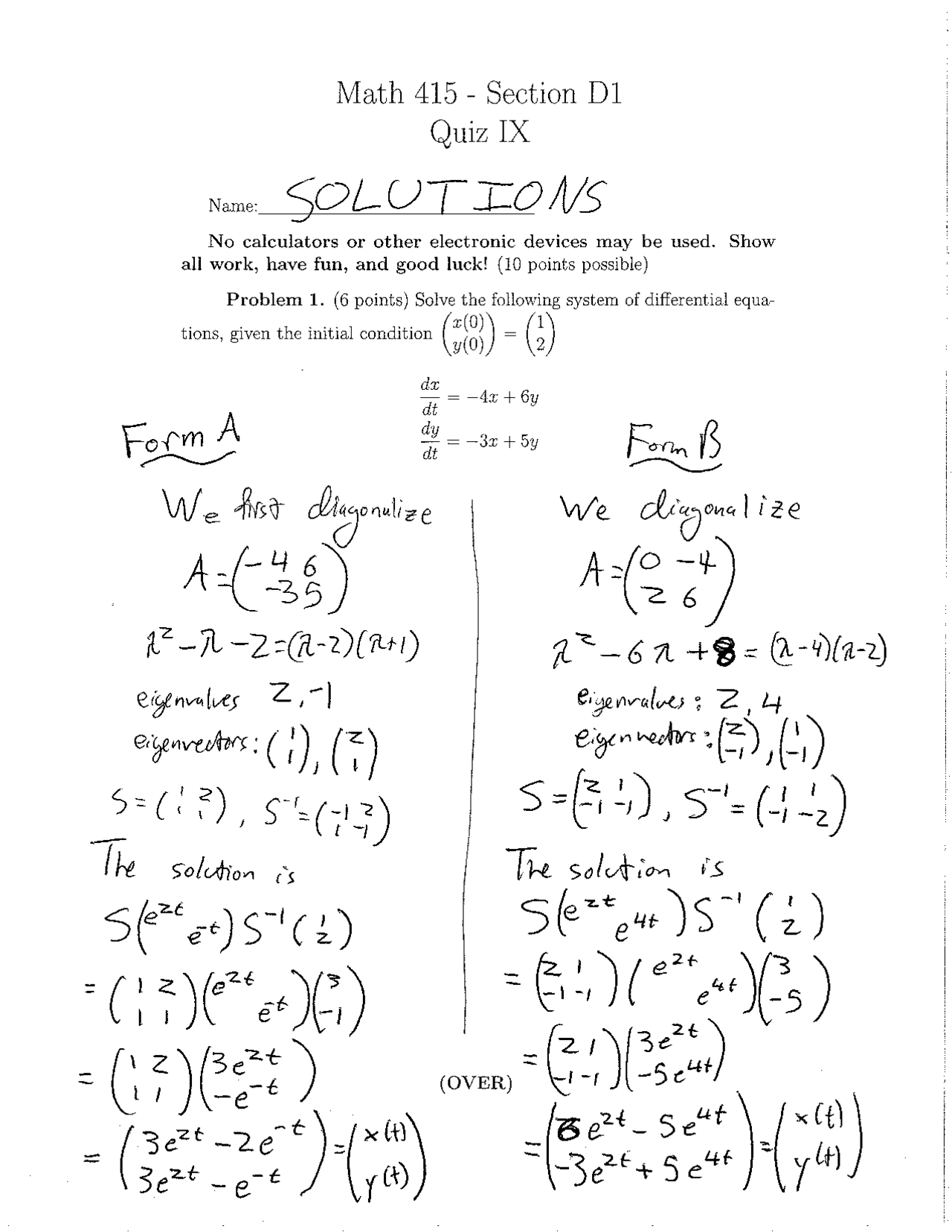 Problems On Applied Linear Algebra Quiz 1 Math 415 Docsity