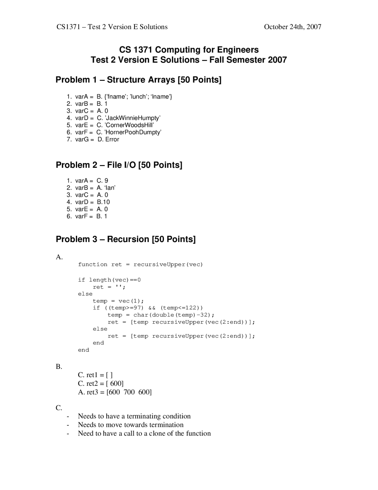 Test 1 Version E Solved Computing For Engineers Fall 2007 Cs 1371