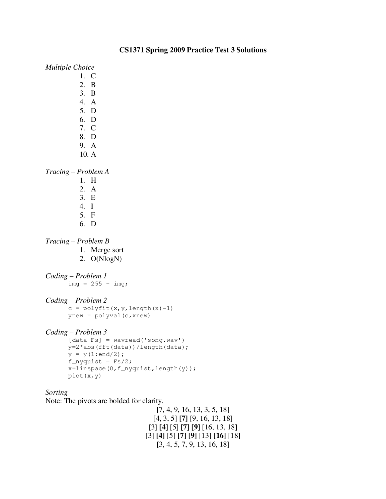 Practice Test 3 Solutions For Computing For Engineers Cs 1371 Docsity