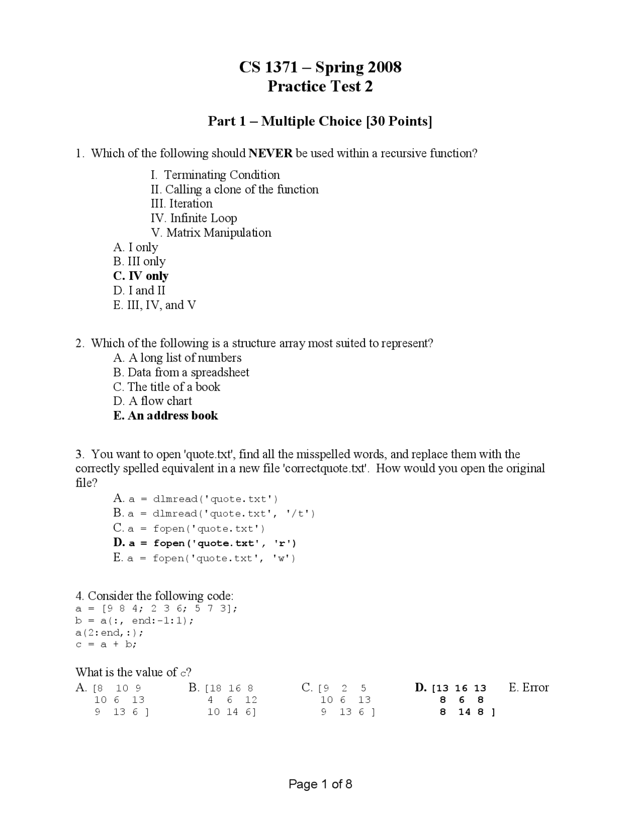 Practice Test Ii Mcqs For Computing For Engineers Cs 1371 Docsity