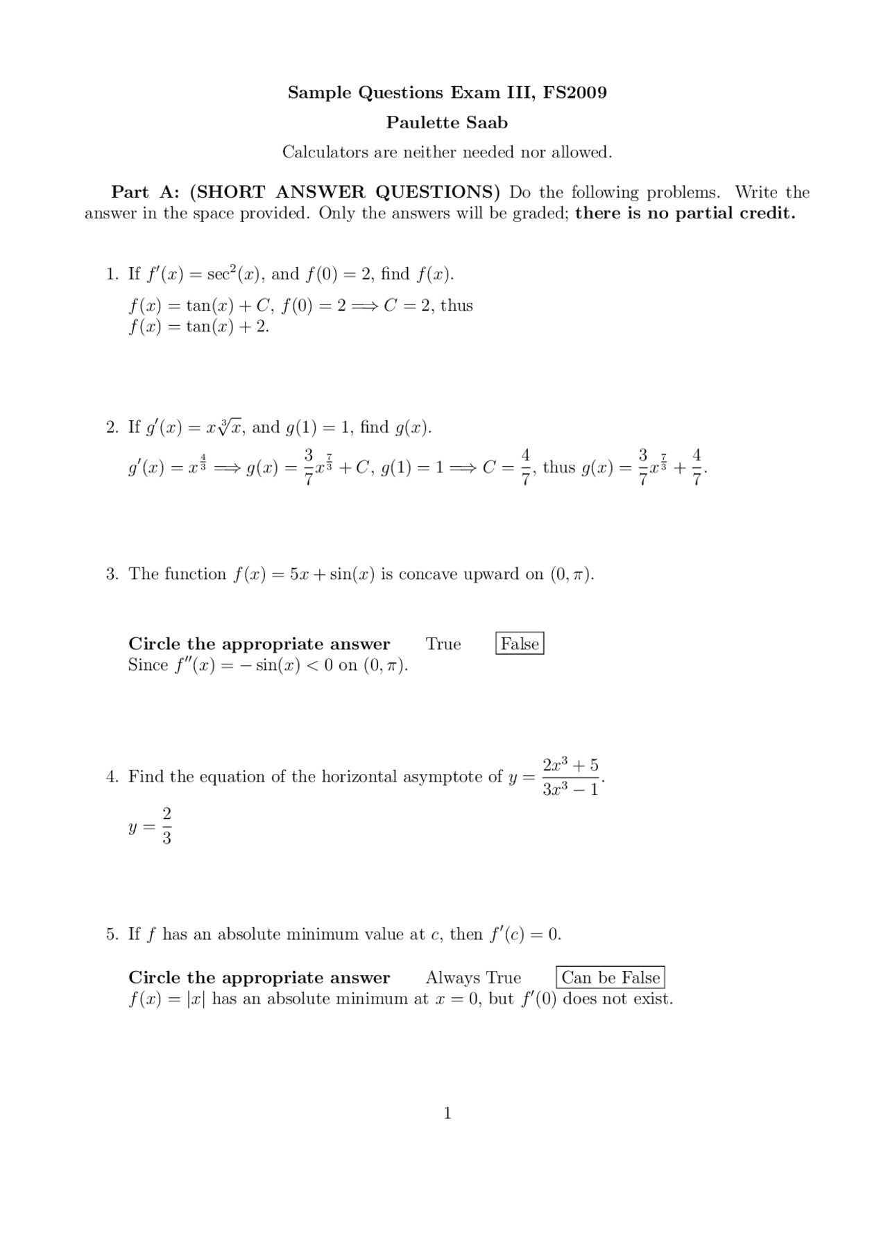 Analytic Geometry And Calculus I Exam 3 With Solutions Math 1500