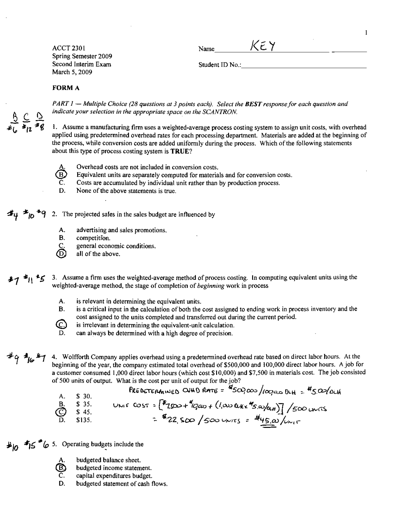 Managerial Accounting - Test Two Answer Key | ACCT 2301 - Docsity