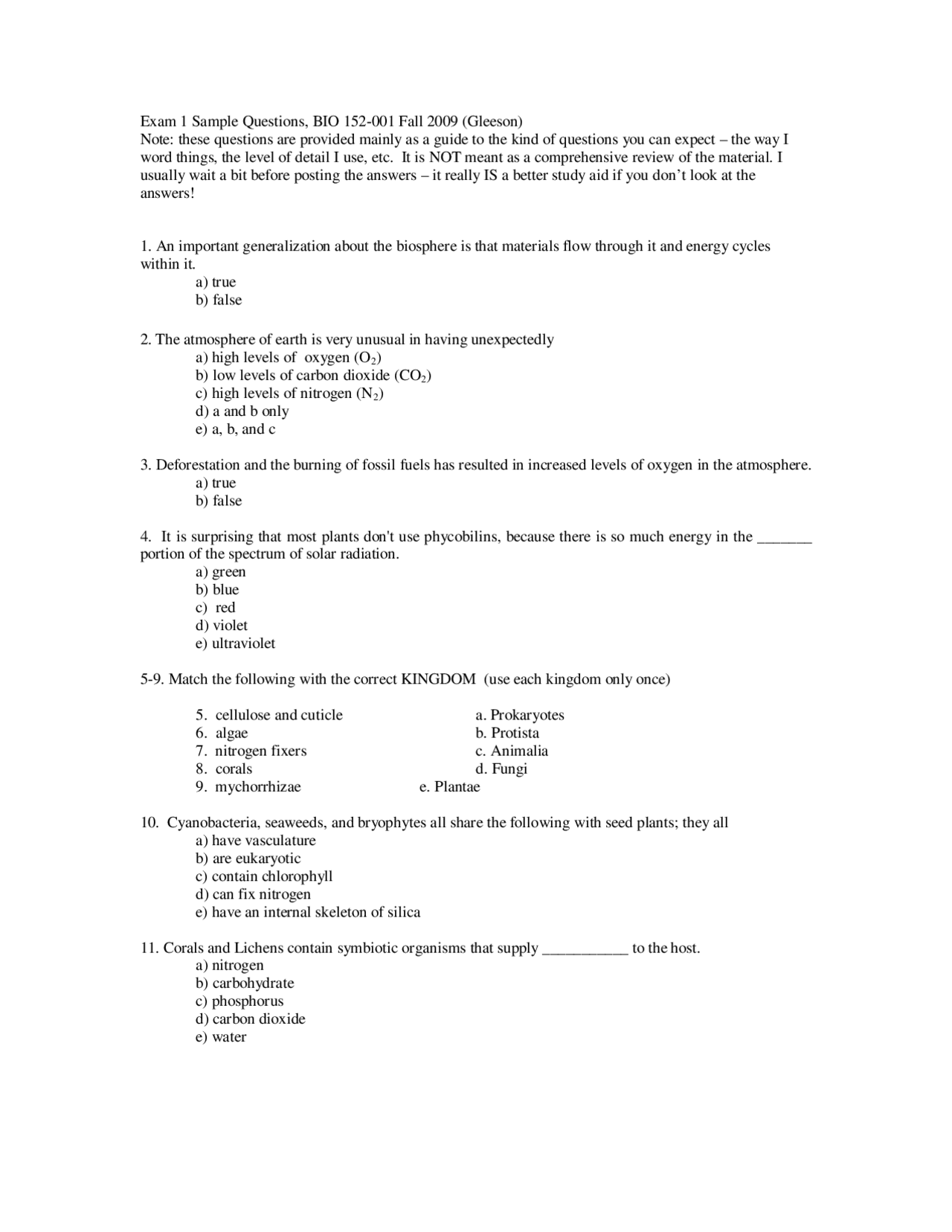 Exam 1 Sample Questions - Principles of Biology II | BIO 152 - Docsity