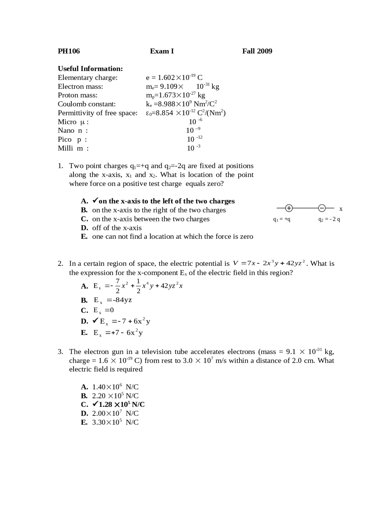 Exam 1 With Answers General Physics Ii Ph 106 Exams Physics Docsity