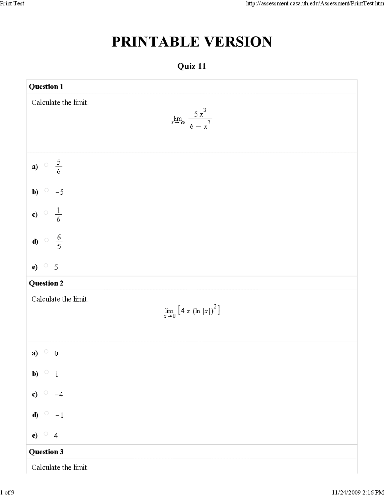 Calculate Limits Quiz 11 Calculus Ii Math 1432 Docsity