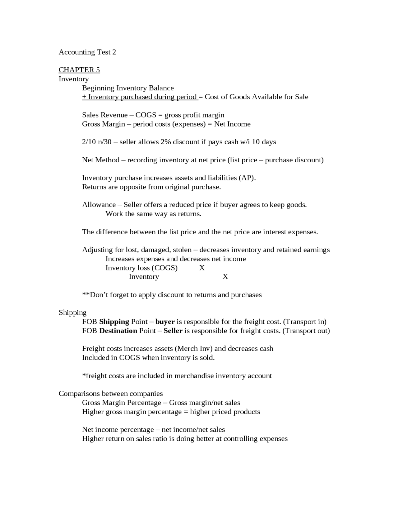 Accounting Test 2 For Inventory Financial Accounting Cob 241 Docsity