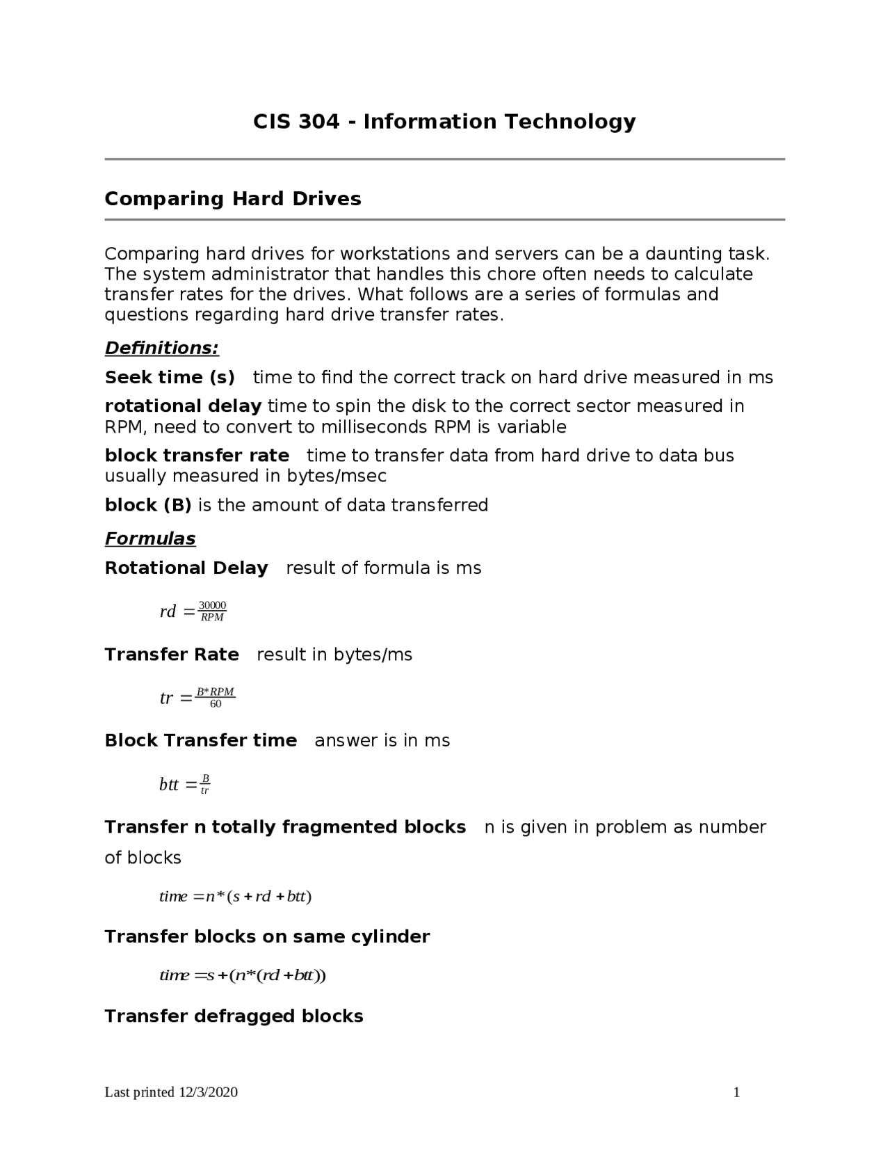 Comparing Hard Drives Notes And Assignment Information Technology