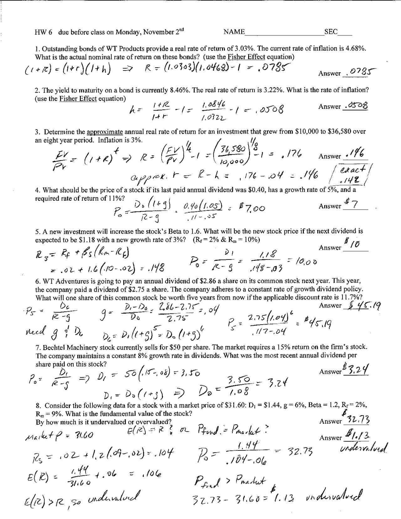 Solved Problem Set 6 Financial Management Mgmt 31000 Docsity