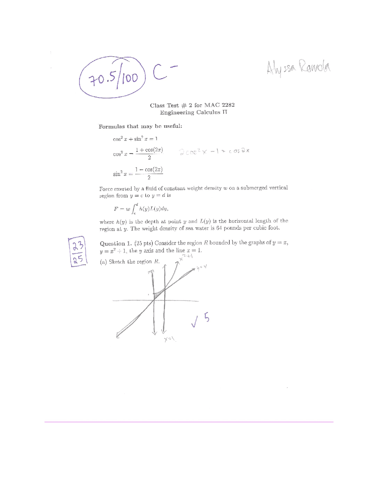 Class Test # 2 - Engineering Calculus II | MAC 2282 - Docsity
