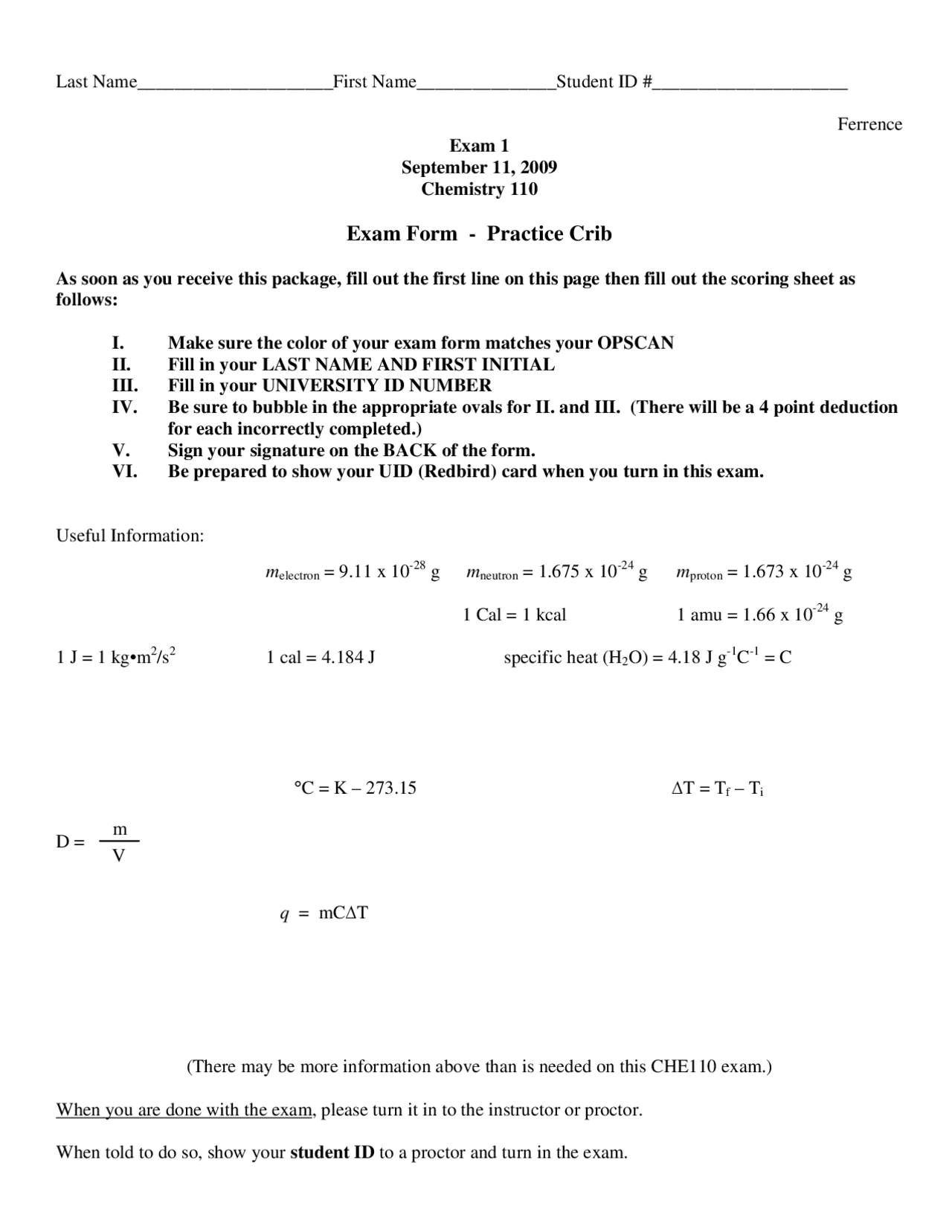 Questions for Exam 1 - Fundamentals of Chemistry | CHE 110.00 | Exams ...