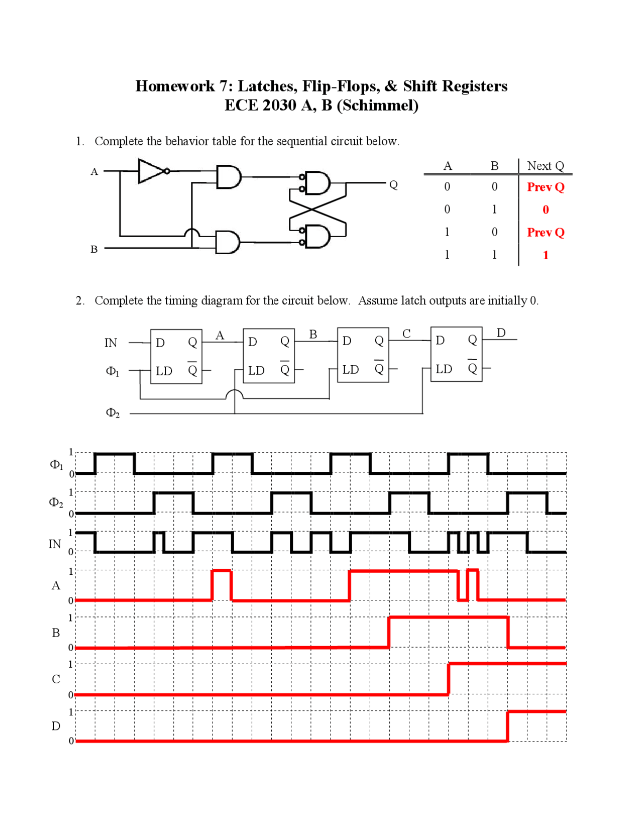 Homework 7 - Latches, Flip-Flops and Shift Registers | ECE 2030 - Docsity