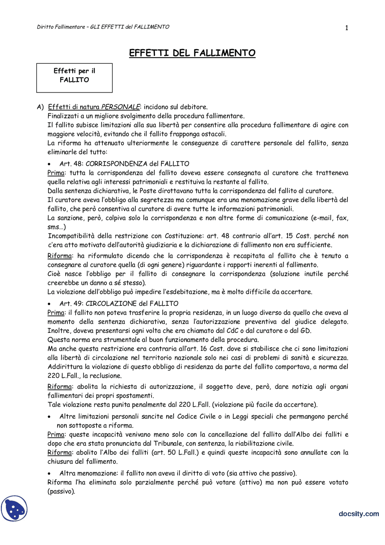 Dispense Diritto Fallimentare Effetti Del Fallimento 1 Docsity