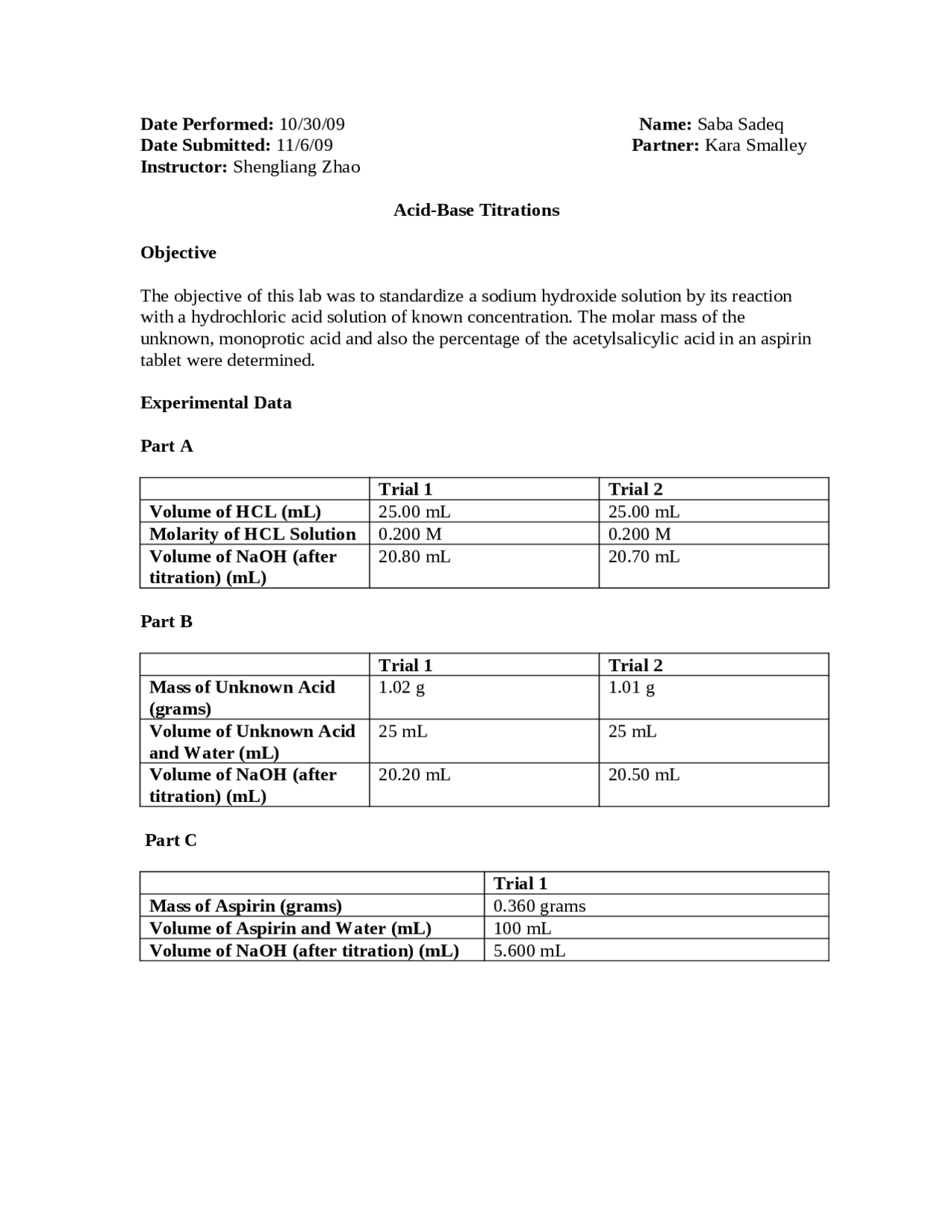 Acid Base Titrations - General Chemistry Lab | CHEM 1045 - Docsity
